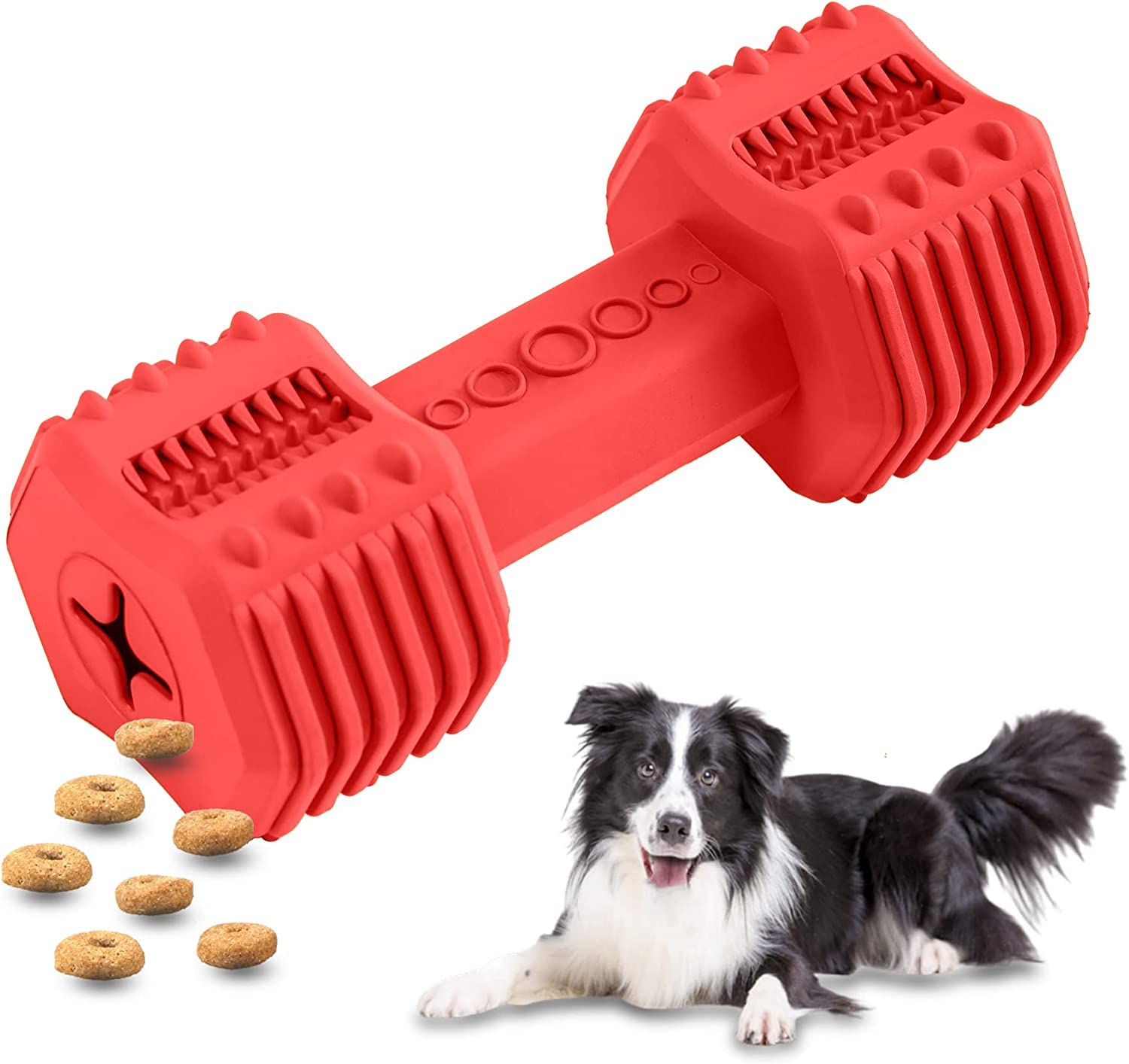PawfectPals Indestructible Dumbbell Dog Chew Toy for Aggressive chewers, Interactive Puzzle Toy, Food Dispenser Feeder, Natural Rubber Bite Resistant for Teeth Dental Cleaning-Insert Treats (Red)