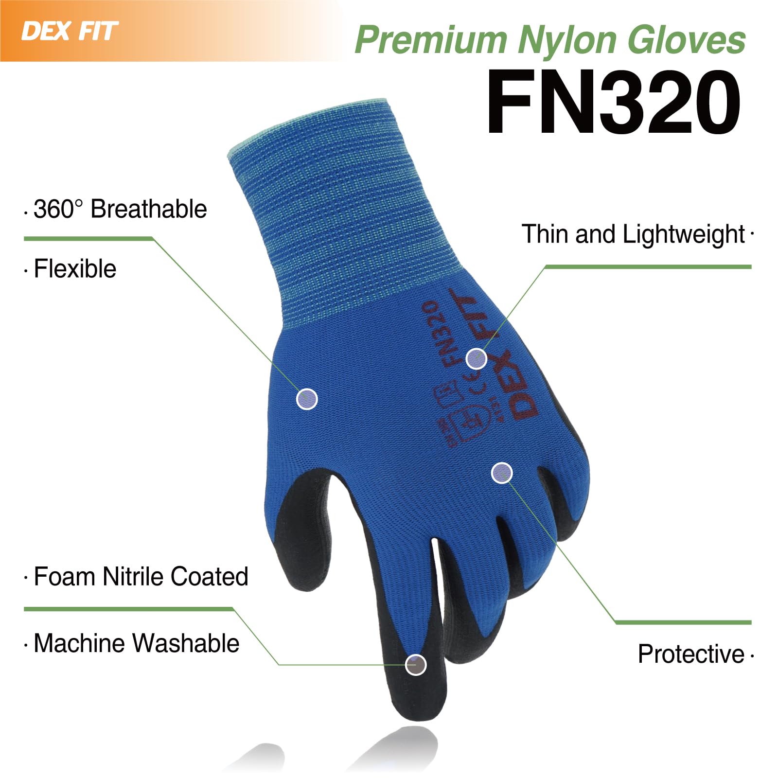 DEX FIT Premium Nylon Work Gloves FN320 - Firm Nitrile Grip, 3D-Comfort Stretchy Fit, Thin & Lightweight, Protective & Durable, Breathable, Machine Washable; Blue 9 (L) 3 Pairs