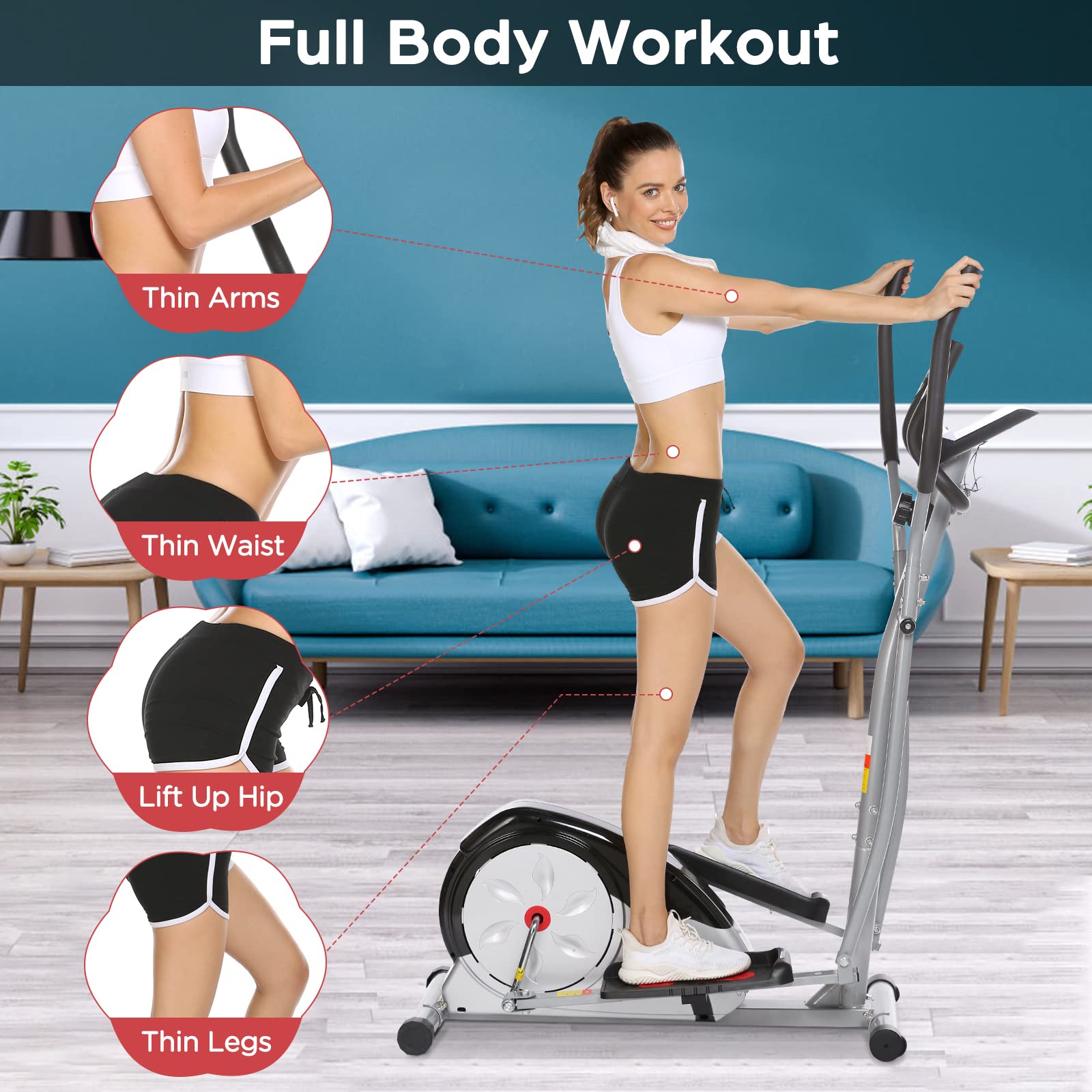 Aceshin Elliptical Machine Magnetic Elliptical Training Machine for Home Use Elliptical Training Machines with LCD Monitor and Smooth Quiet Driven Pulse Rate Grips (Deep Gray)