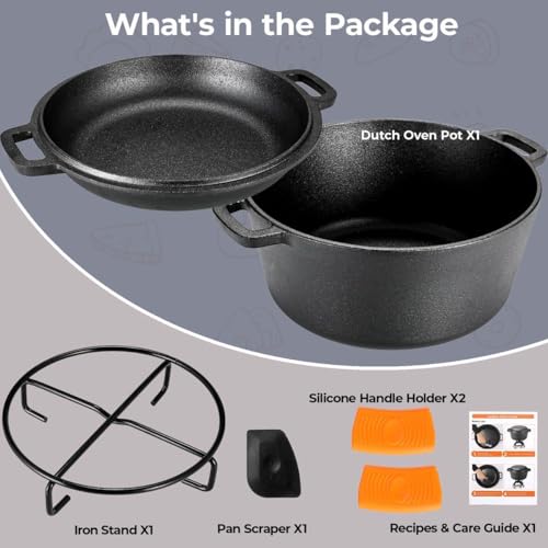 TLGREEN Cast Iron Dutch Oven Pot with Lid,Cast Iron Pot (5.1QT) and Cast Iron Lid as a Skillet(1.9QT) - Dutch Oven Cast Iron with Silicone Holders, Iron Stand, for Oven, Stove, Grill,Campfire