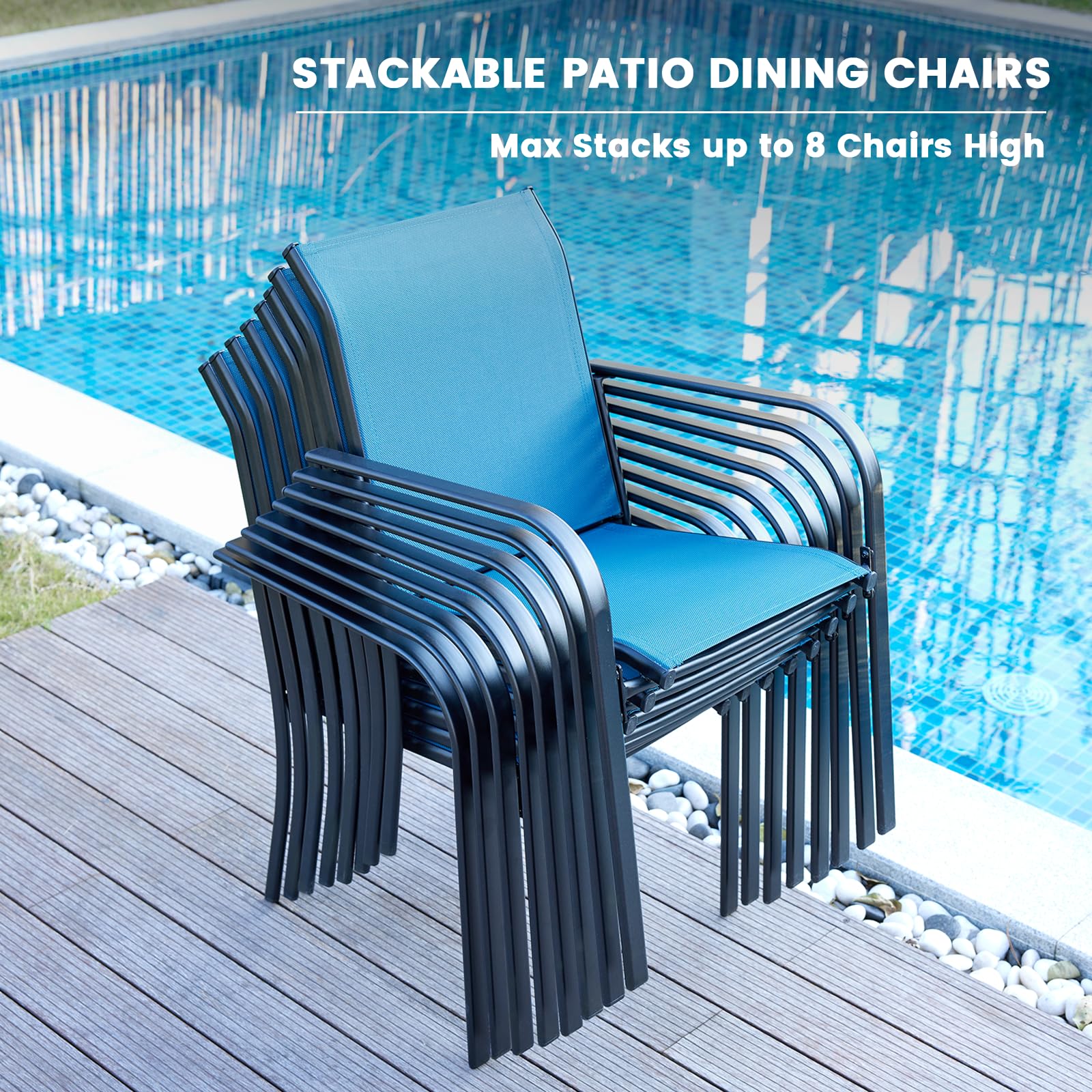 VICLLAX 5 Pieces Patio Round Dining Table and Chairs Set for 4, Outdoor Stackable Dining Chairs and Φ42 Outdoor Dining Table with Adjustable Umbrella Hole for Deck Backyard Garden, Dark Blue & Black