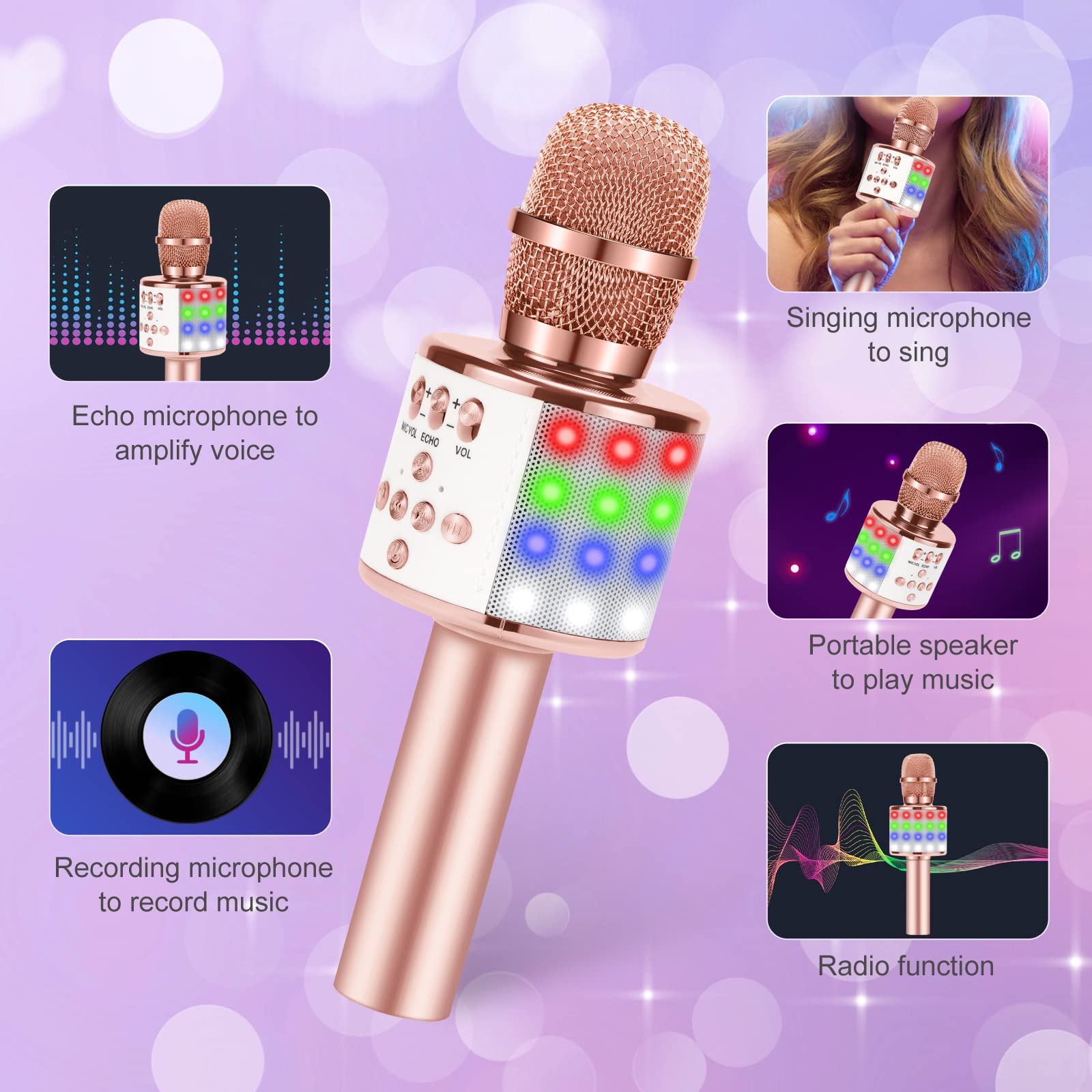 Anitiate Singing Karaoke Microphone for Kids Adults, Handheld Wireless Bluetooth Kids Microphone with LED Lights Portable Karaoke Mic Speaker Player Recorder Machine for Birthday Home Party