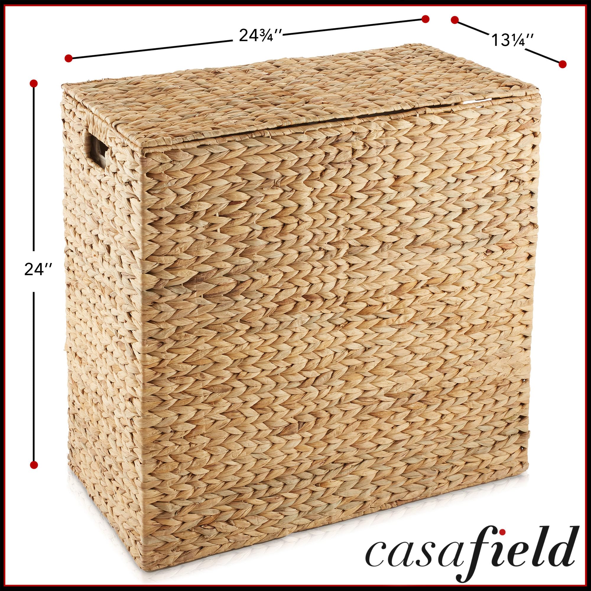Casafield 2-Section Laundry Hamper with Removable Liner Bags - Natural, Woven Water Hyacinth Double Laundry Basket Sorter for Clothes and Towels