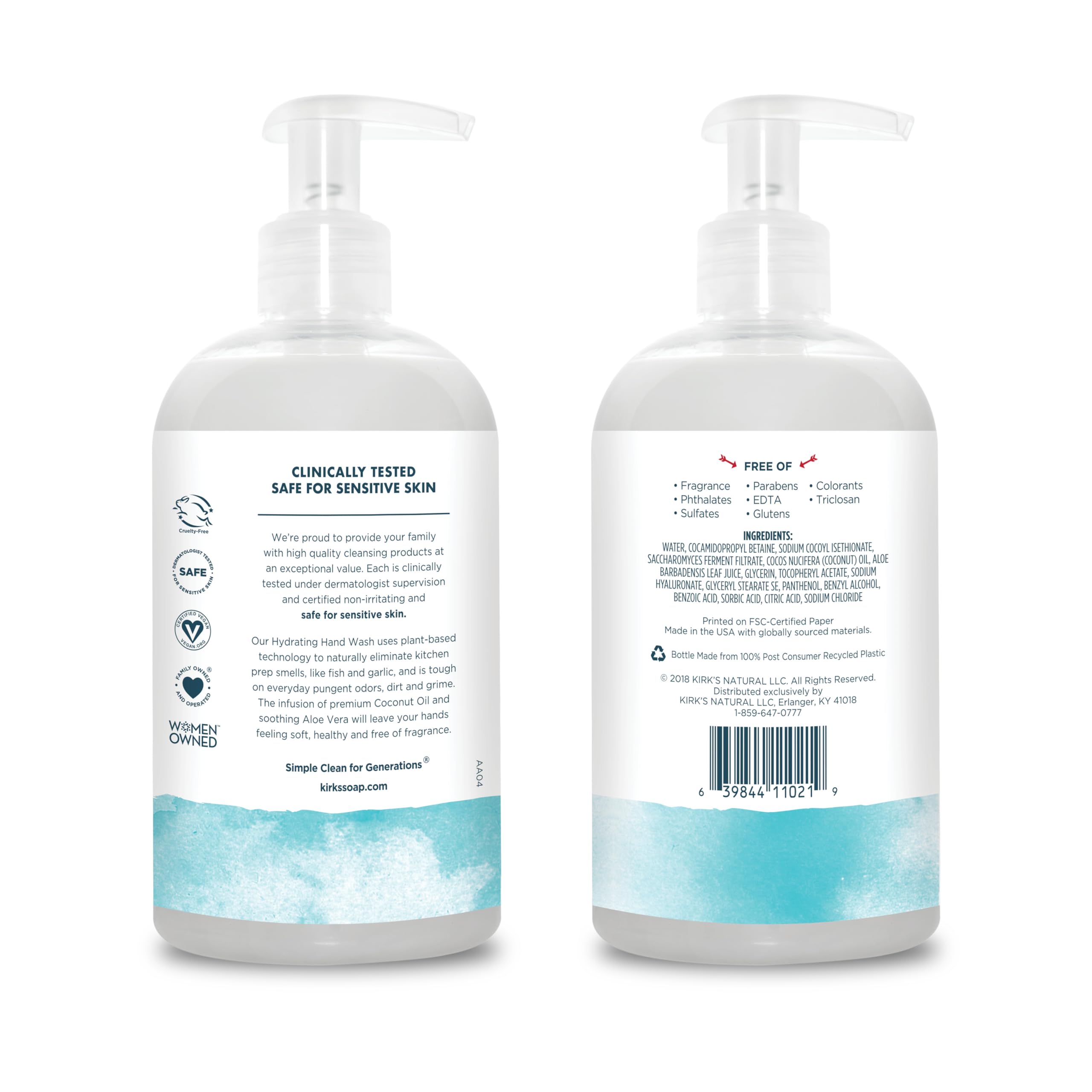 Kirk's Hydrating Hand Wash - Made with Premium Coconut Oil and Aloe Vera, With Plant Based Technology To Help Eliminate Odors, Non GMO, Vegan, Fragrance Free, 12 Fl Oz. 4 pack