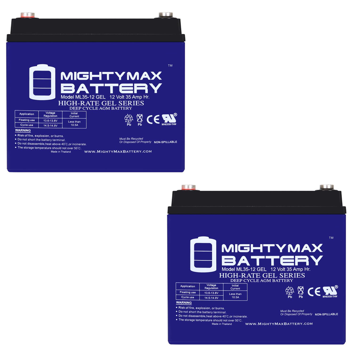 Mighty Max Battery 12V 35AH Gel Replaces U1-36NE w/Nut and Bolt Terminal - 2 Pack