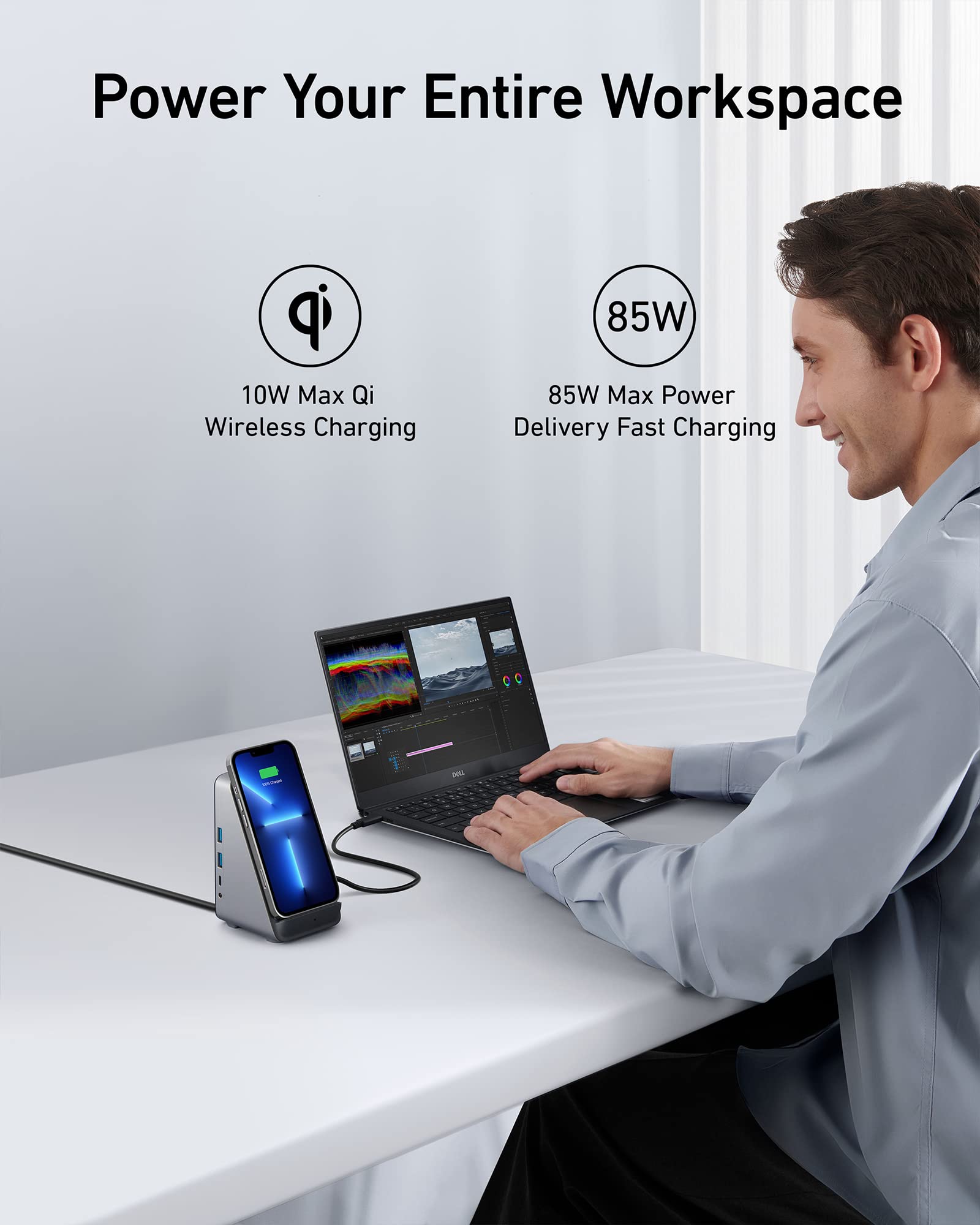 Anker 651 USB-C Dock, 8-in-1 Docking Station, Qi-Certified 10W Max Wireless Charging, Single 4K, Dual 2K Display, Compatible with iPhone 13/12 Series, Samsung S22, Pixel 4/3, and More