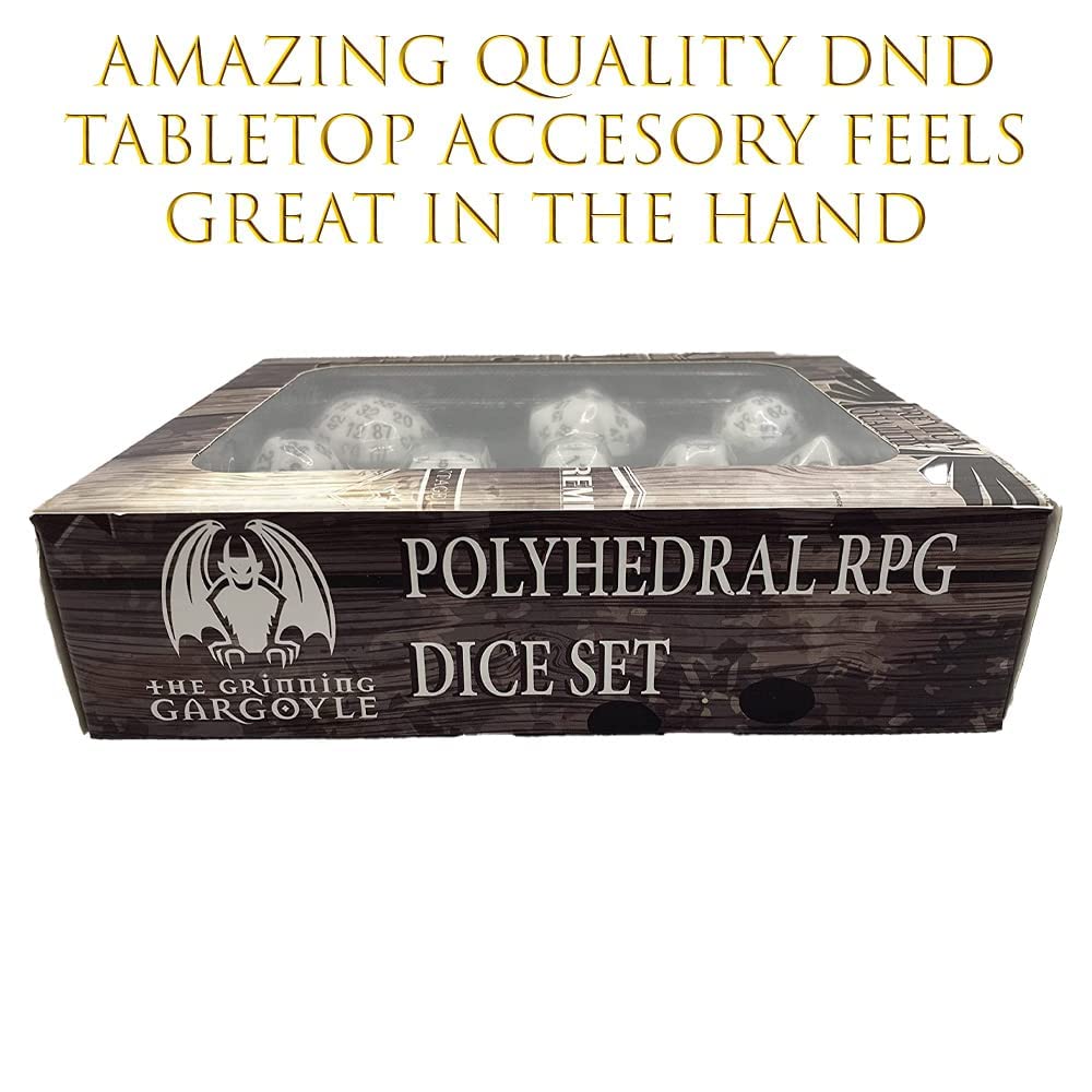 Grinning Gargoyle – 13x Deluxe Poly RPG Dice Set - Perfect for DND 5th Edition Pathfinder Starfinder Cyberpunk and Blades in The Dark – Includes a Giant 45mm 100 Sided Polyhedral Die or D100 (White)
