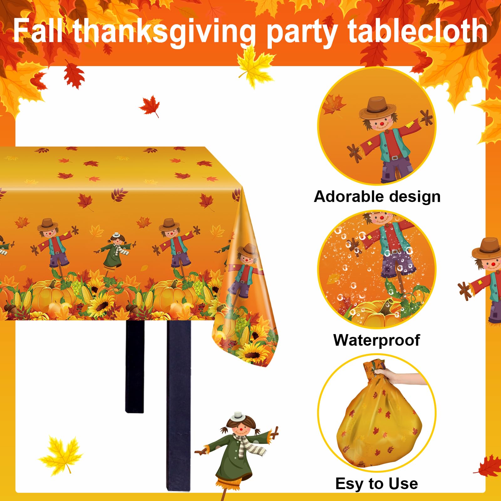 Avezano 3 pcs Fall Tablecloth Autumn Tablecloth Disposable Thanksgiving Plastic Tablecloths Scarecrow Pumpkin Maple Leaf Fall Tablecloths for Rectangle Tables, 108x54 Inch