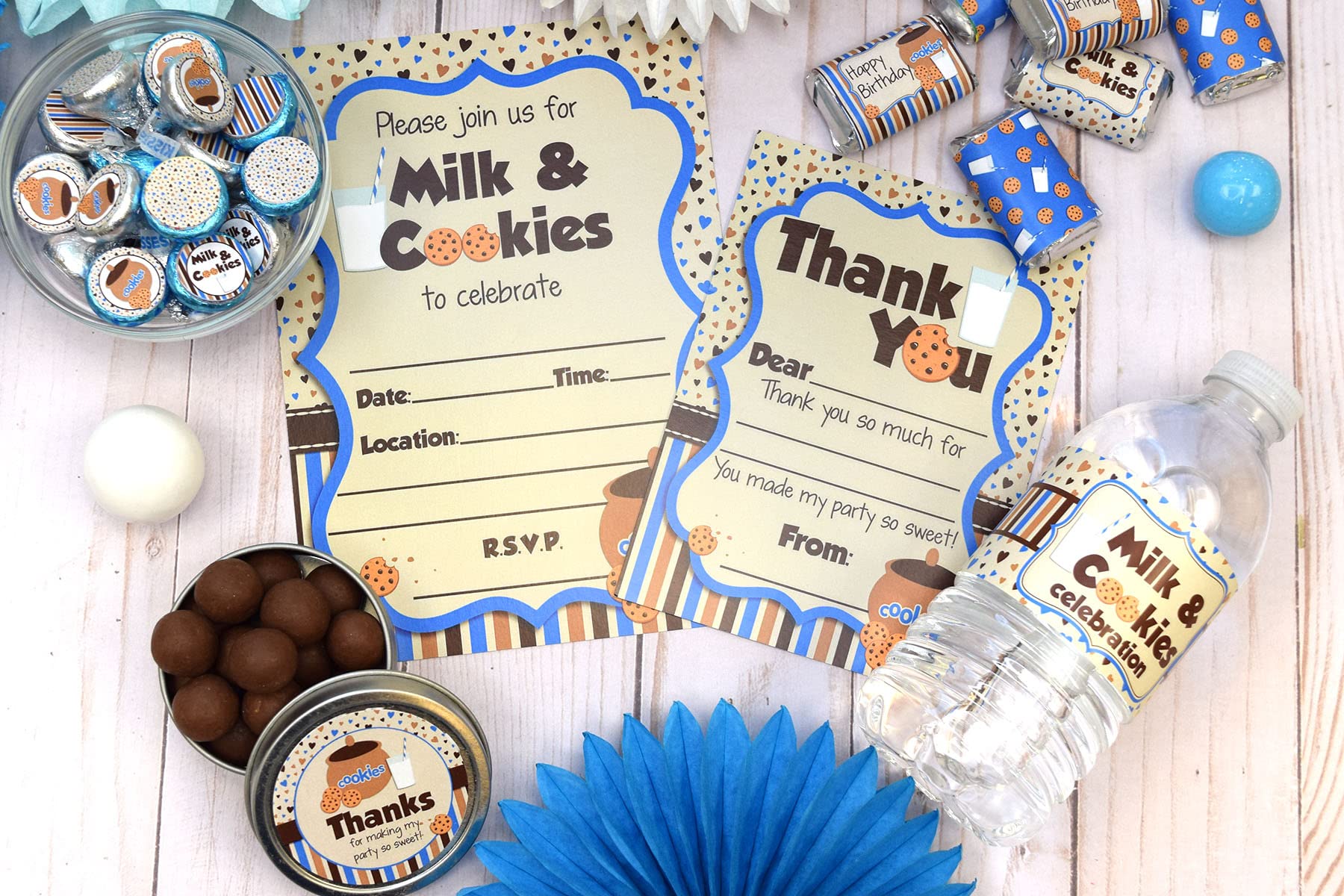 Milk and Cookies Boy Birthday Party Bundle Includes 20 each of Invitations & Thank You Cards with Envelopes + 2 Different Sizes of Stickers, Mini Candy Bar Wrappers, & Water Bottle Labels!