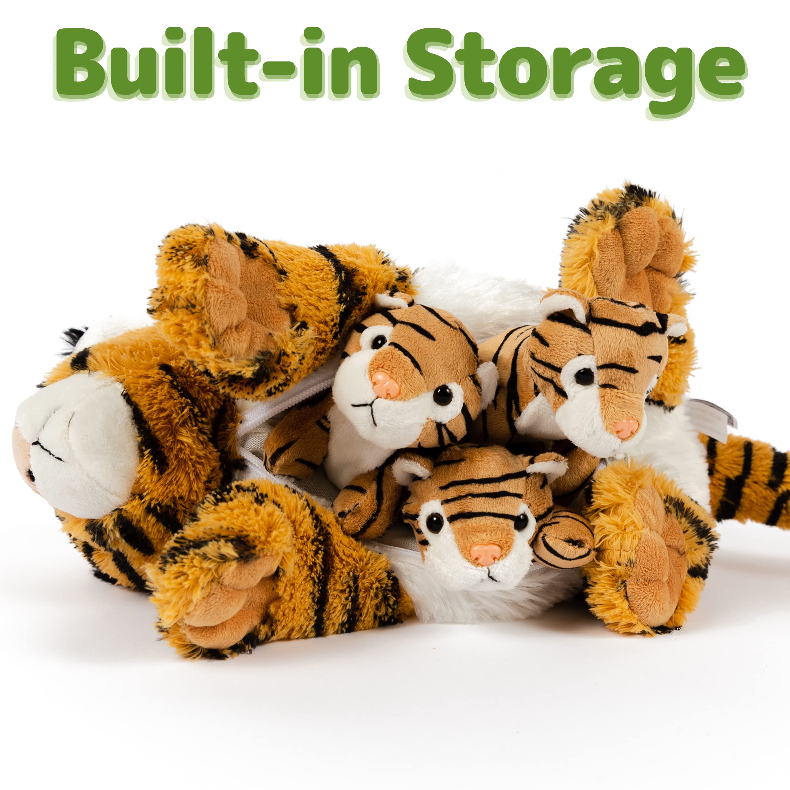 PREXTEX Plush Tiger with Zippered Pouch for Its 3 Little Plush Baby Tigers - Plushlings Collection Soft Stuffed Animal Playset