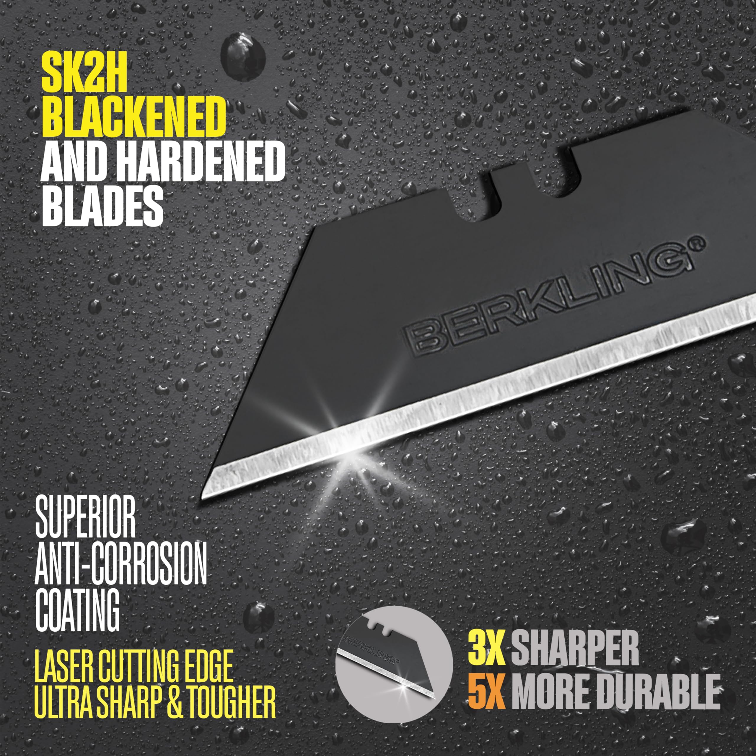 Berkling Utility Knife Blades 50 PCS With Dispenser, SK2H Laser Sharpened Hardened Black Carbon Steel, Ultra 3X Sharper, and 5X More Durable, Standard T-Shape Replacement Box Cutter Razor Blades