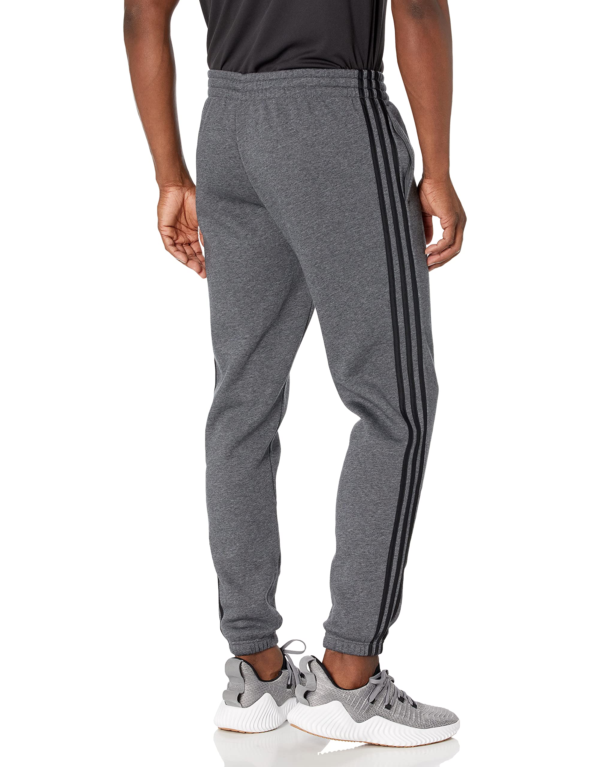 adidas Men's Standard Essentials Fleece Tapered Elastic Cuff 3-Stripes Pants, Dark Grey Heather, Medium