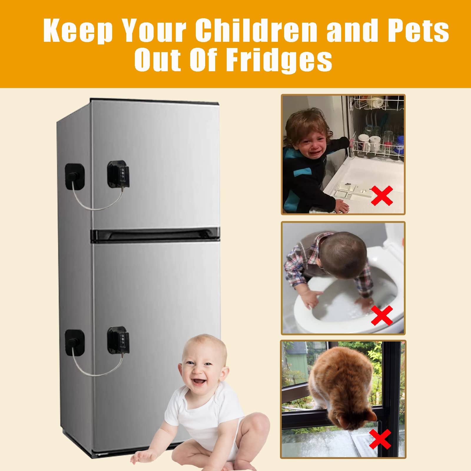AYKBES 3 Pack Fridge Lock Combination for Babies, Heavy Duty Refrigerator Door Lock for Toddlers, Freezer Lock Kids Proof with Strong Adhesive for Cabinet, Window, Drawers, Toilet Lid(3 Pack Black)