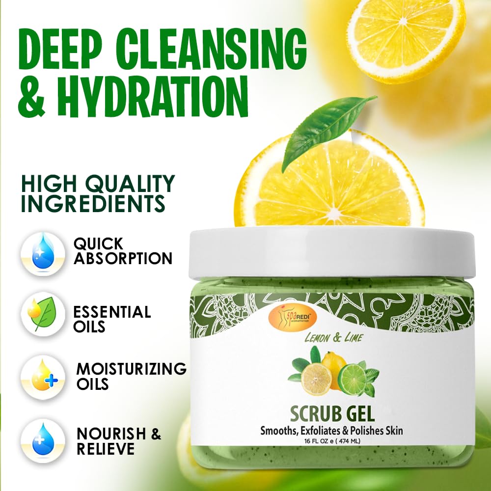 SPA REDI – Exfoliating Scrub Pumice Gel, Lemon & Lime, 16 Oz - Manicure, Pedicure and Body Exfoliator Infused with Hyaluronic Acid, Amino Acids, Panthenol and Comfrey Extract