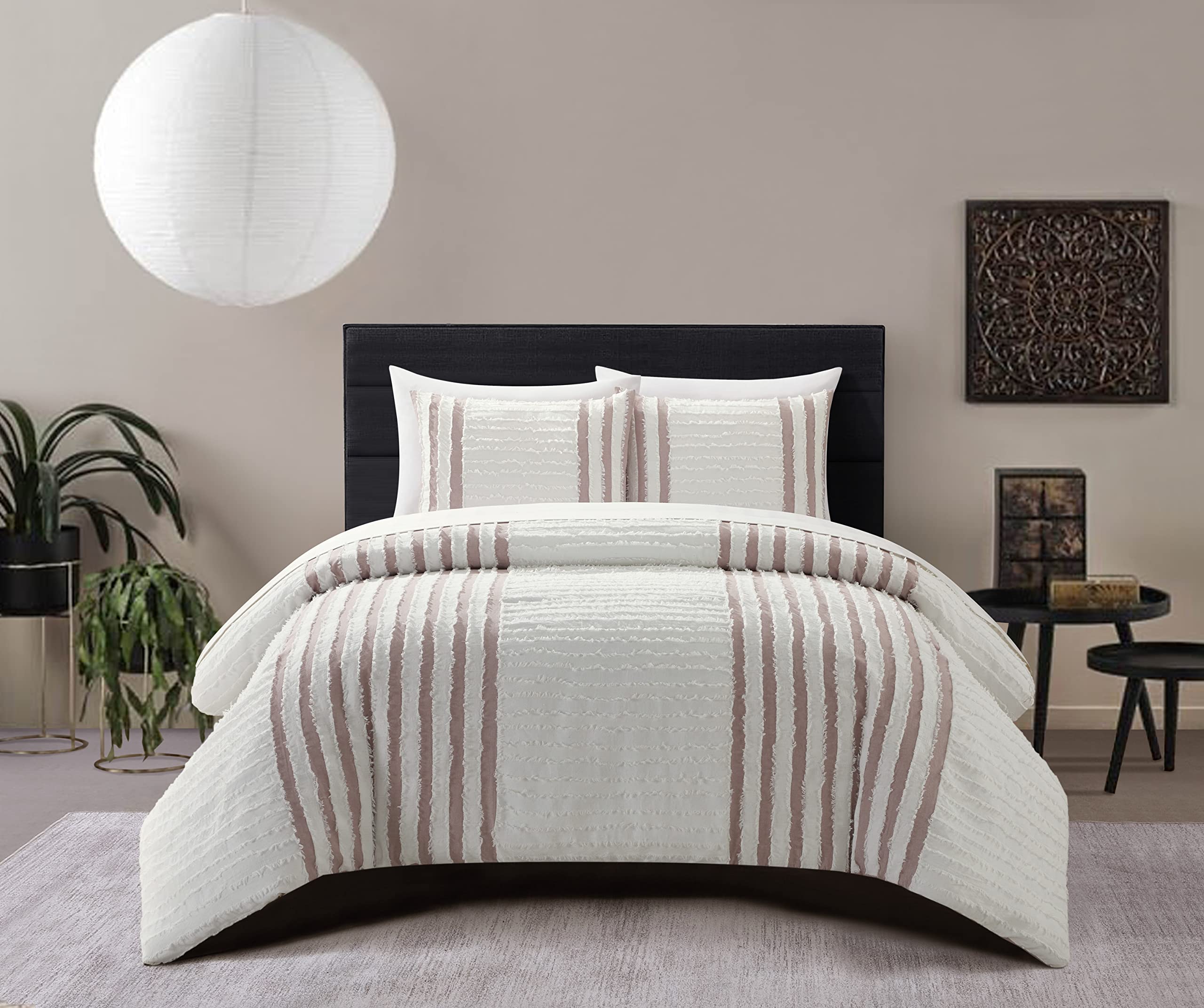 Chic Home Salma 3 Piece Cotton Duvet Cover Set Clip Jacquard Striped Pattern Design Bedding - Decorative Pillow Shams Included, Queen, Blush