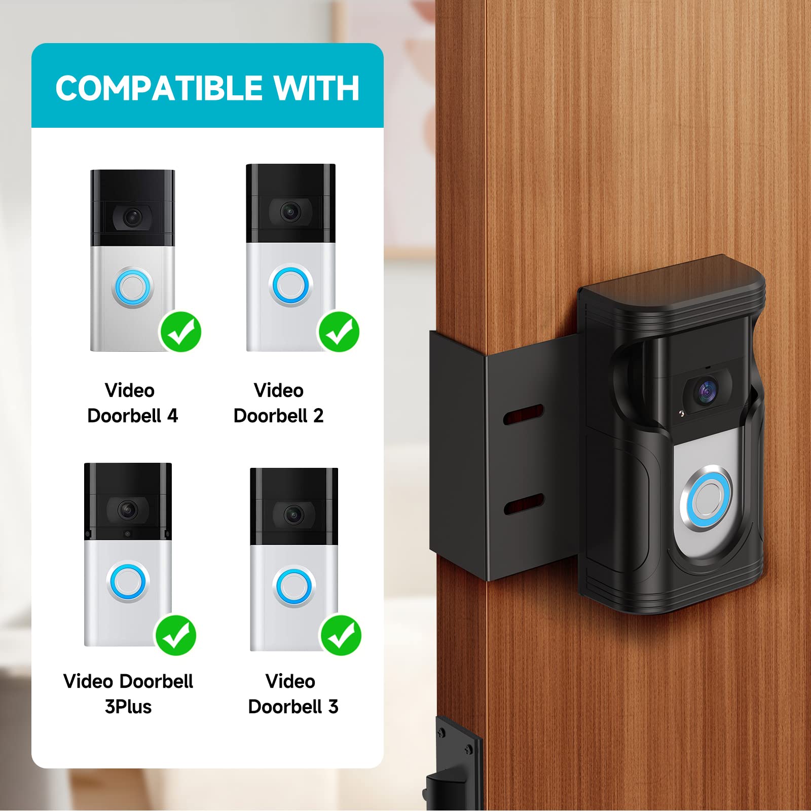 Ayotu Anti-Theft Doorbell Mount with Charging Cable for Ring Video Doorbell 4/2/3/3Plus, Continuous Charging with No-Drill Mounting Door Bracket Adapter Holder (NOT Inculde Doorbell), Black