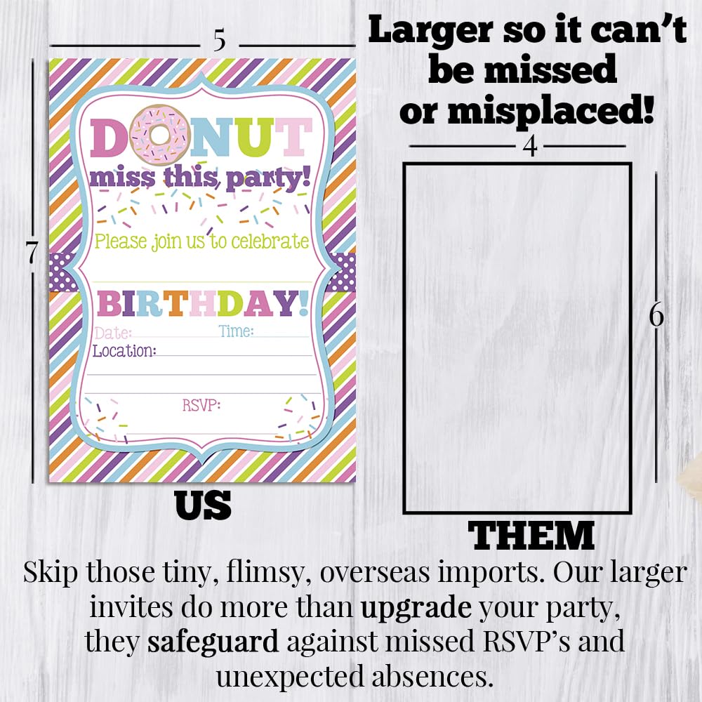 Colorful Donut with Sprinkles Birthday Party Invitations, 20 5x7 Fill In Cards with Twenty White Envelopes by AmandaCreation