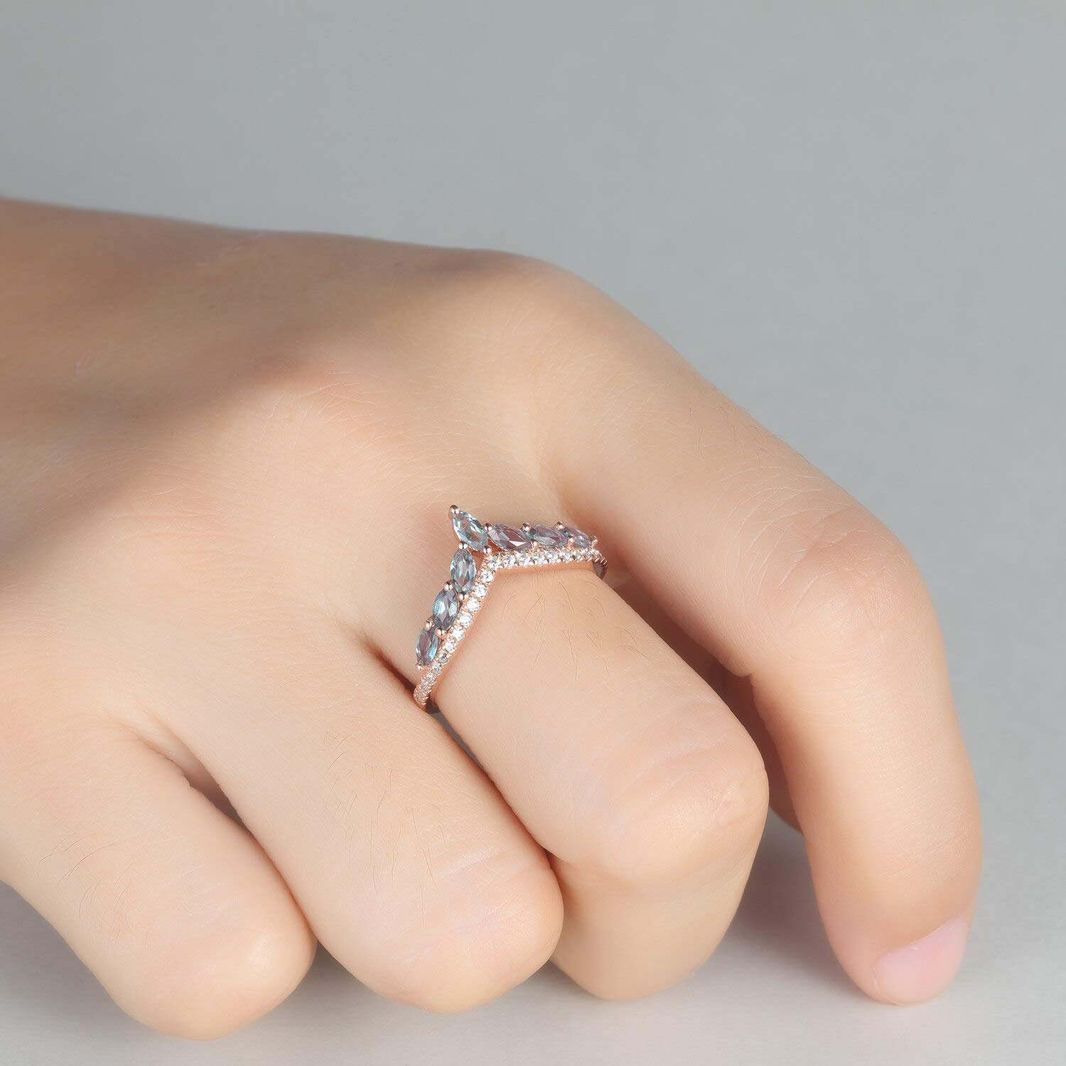 Alexandrite Sterling Silver Rose Gold CZ Diamond Wedding Band Stackable Matching Stacking Engagement Bridal Ring Statement Women Curved Chevron
