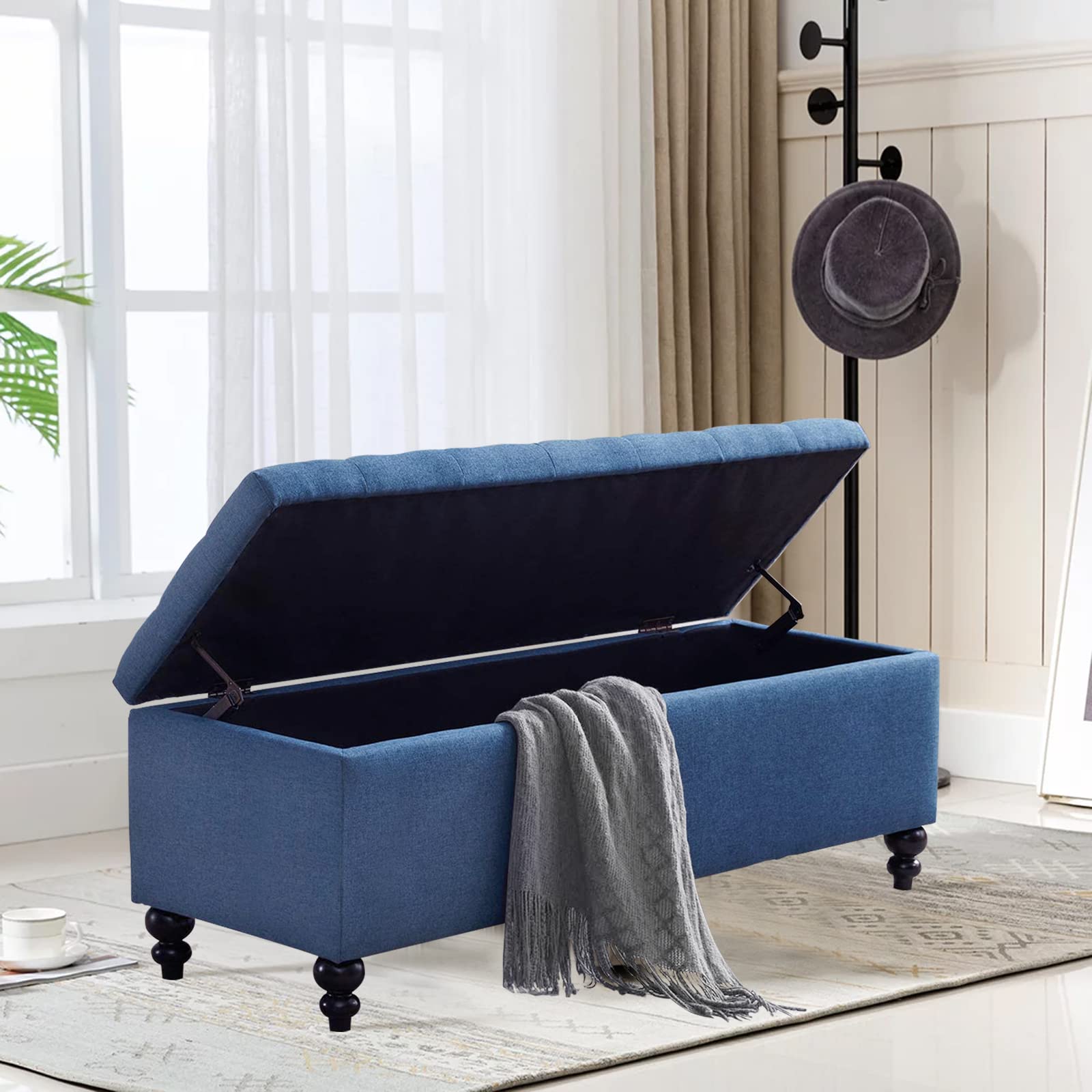 Storage Ottoman 50.2 Inches Upholstered Fabric Storage Ottoman Bench,Button Tufted Ottoman with Storage for Living Room,Bedroom End of Bed Bench Withstands 302lbs (Blue)