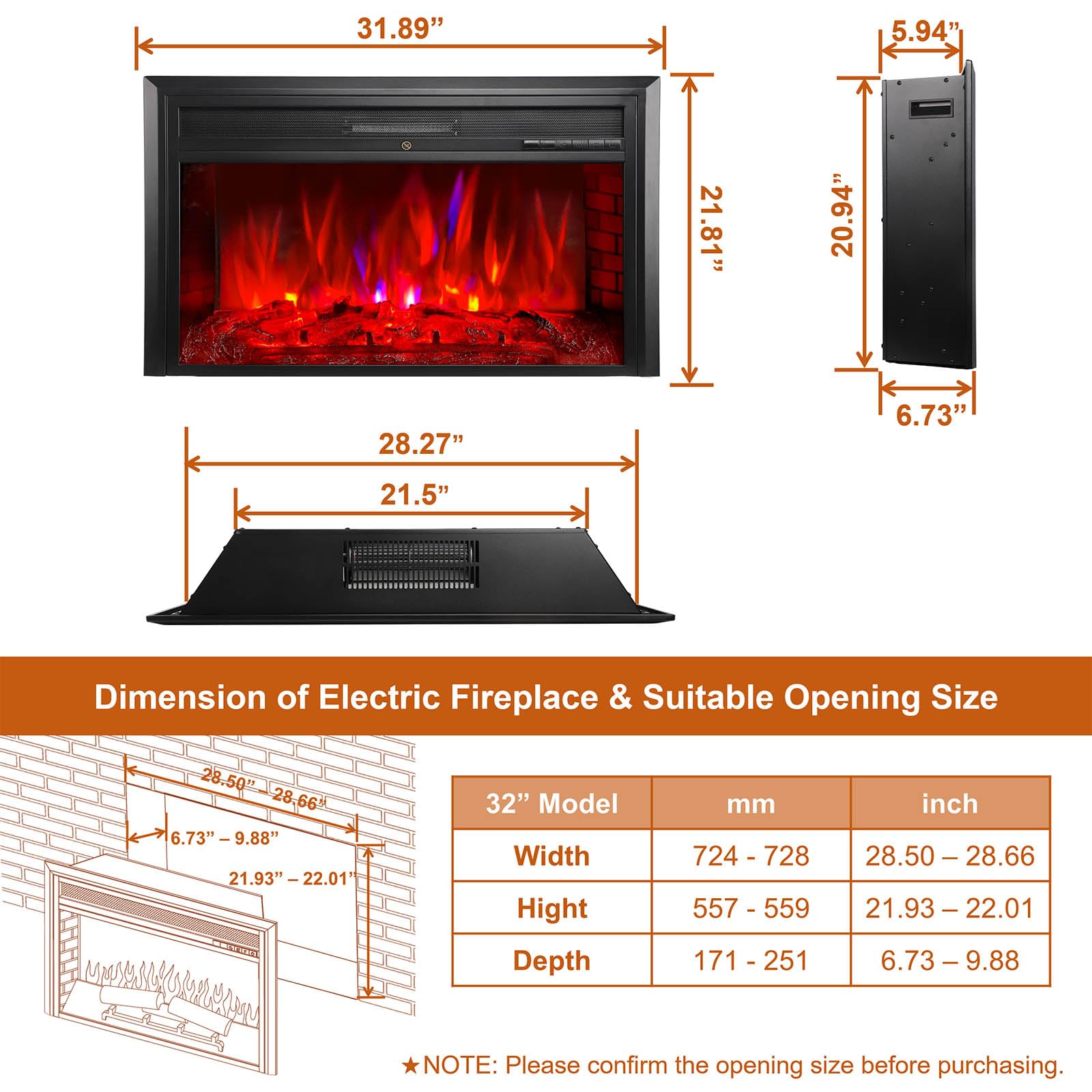 AckMizz Electric Fireplace Insert, 32 Inch Recessed Fireplace Heater in Wall with Remote Control, Adjustable Flame Brightness & Speed, 750W/1500W, Black (32" W X 22" H)
