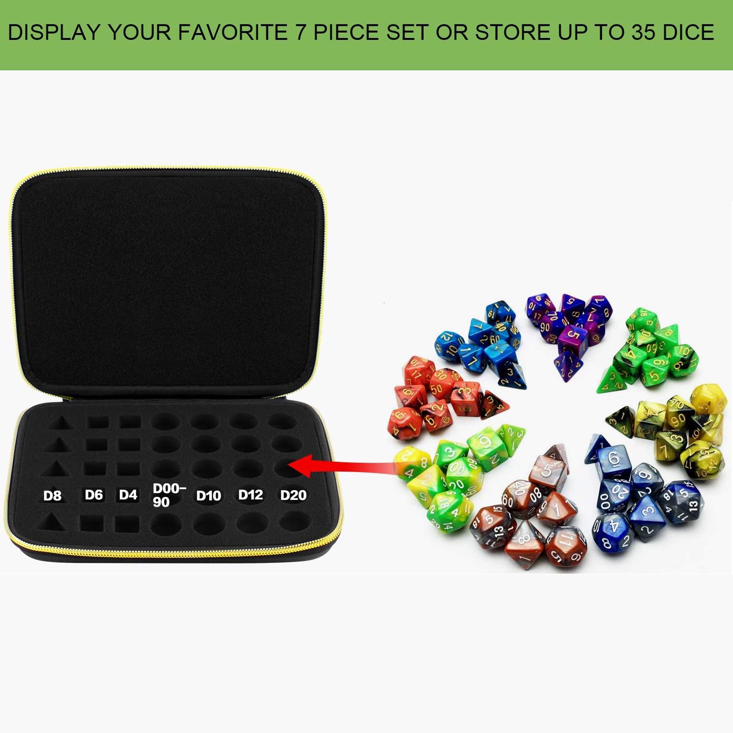 ALKOO 35+ Dice Case Box Tray, Storage Holder for DND Dice Set, for D&D Dungeons and Dragons 7-Die Polyhedral Dice, Organizer for RPG for MTG Role Playing Table Games, Display for D and D - Case Only