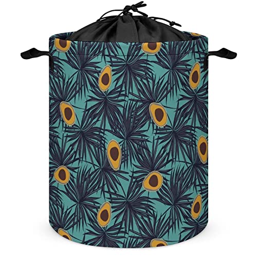 Avocado and Leaves Laundry Basket Round Collapsible Storage Bin with Drawstring and Handle for Bedroom Bathroom Toys Room 17.3" X 13.8"
