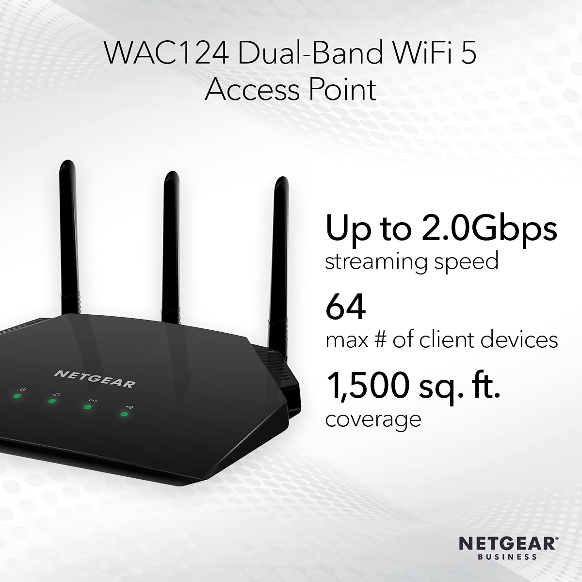 NETGEAR Wireless Desktop Access Point (WAC124) - WiFi 5 Dual-Band AC2000 Speed | 4 x 1G Ethernet Ports | Up to 64 Devices | WPA2 Security | Desktop | MU-MIMO | Supports 3 SSIDs | 802.11ac