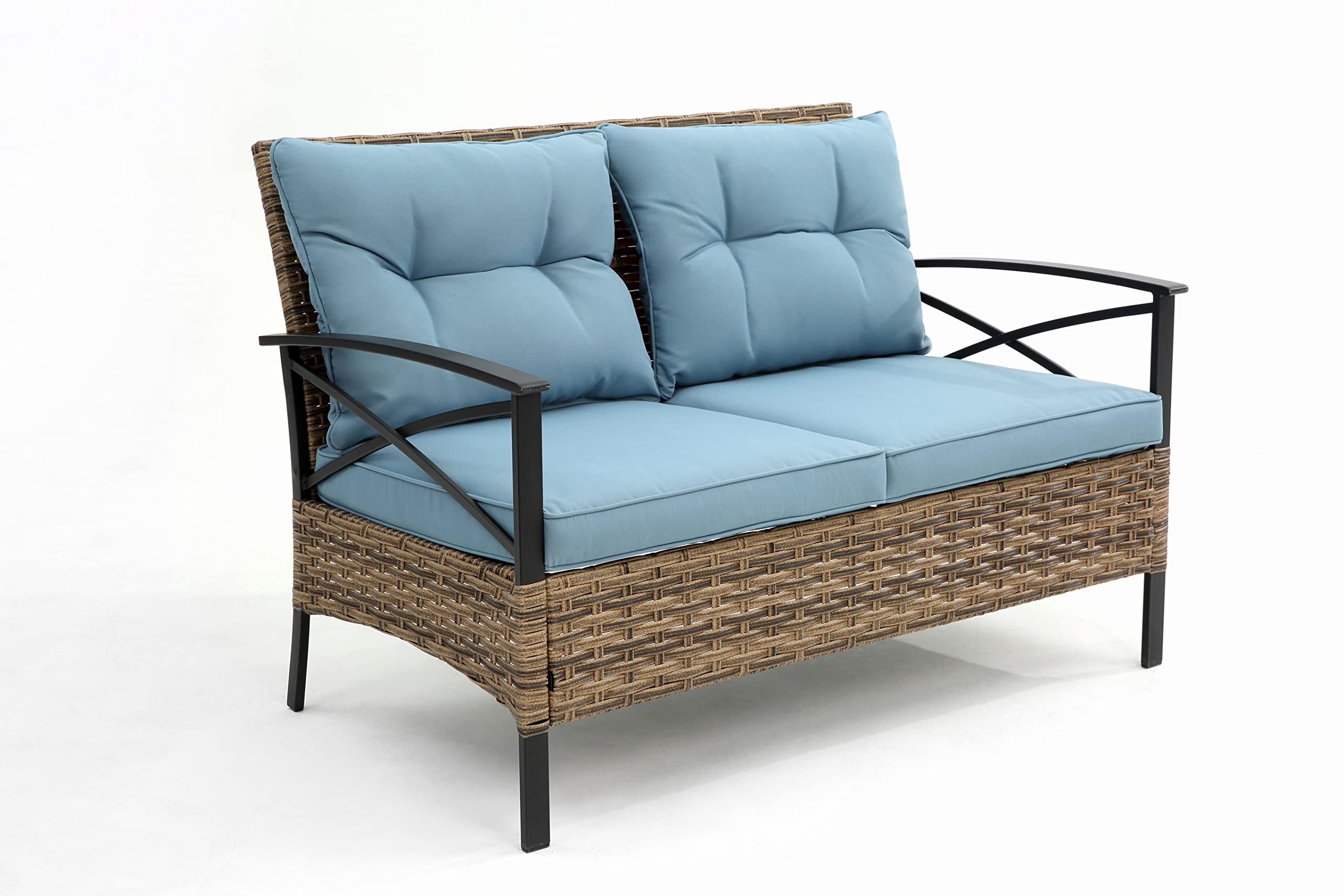Hlcodca Outdoor Patio Furniture Sectional Sofa Set,4-Piece Rattan Wicker Dining Conversation Patio Set with Cushion & Table for Porch Yard Pool or Backyard (Blue/Garden@)