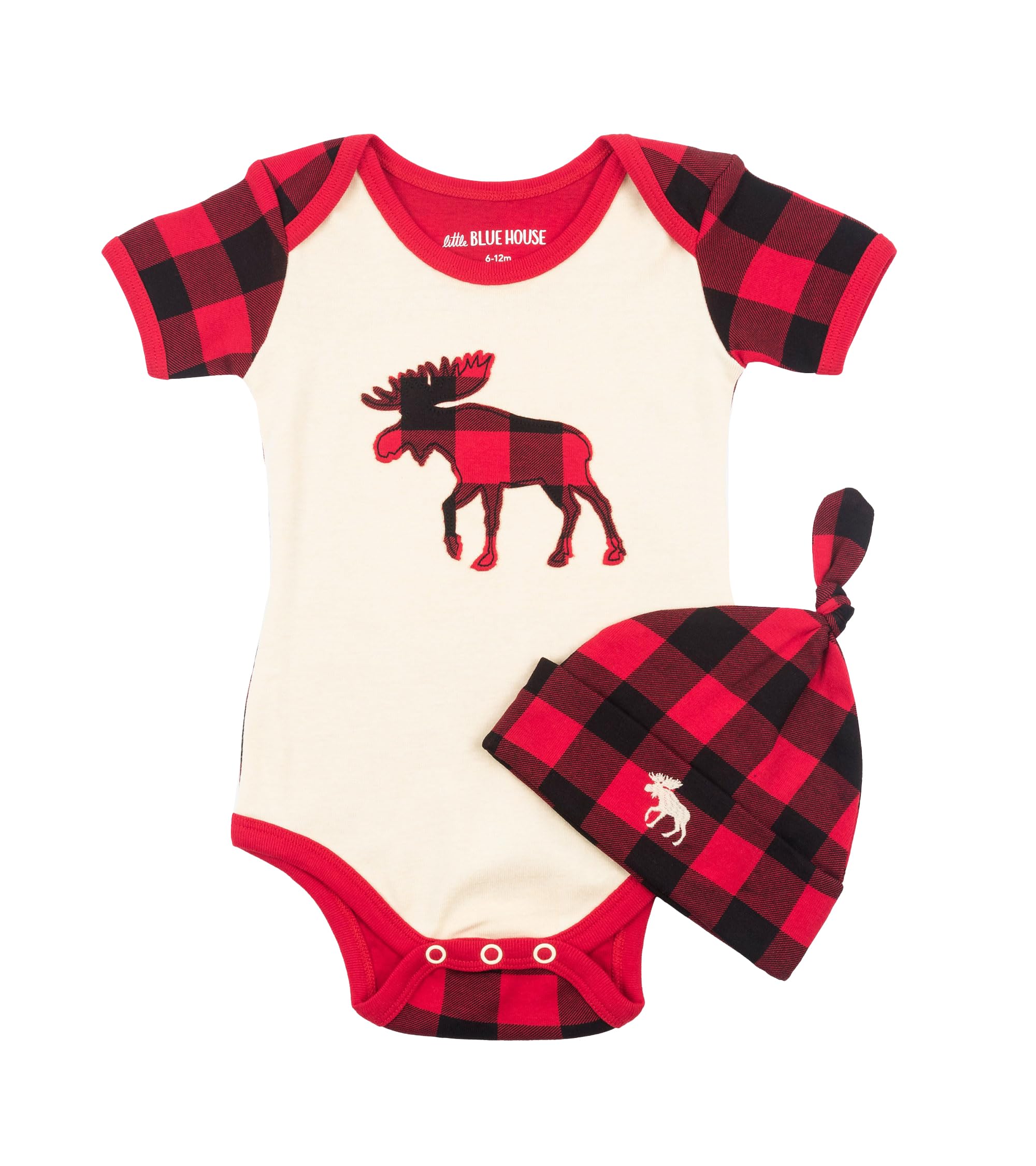 Little Blue House unisex-baby Bodysuit with Hat, Plaid Moose, 3-6 Months