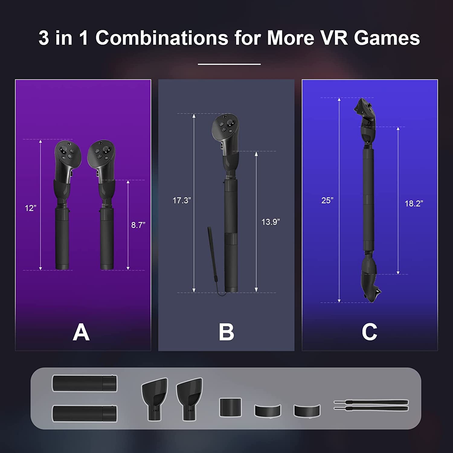 BeswinVR Extension Grips for Meta Quest Pro, VR Game Controllers Handle Accessories for Playing Beat Saber, Golf+, Badminton, Baseball Games. (Black)