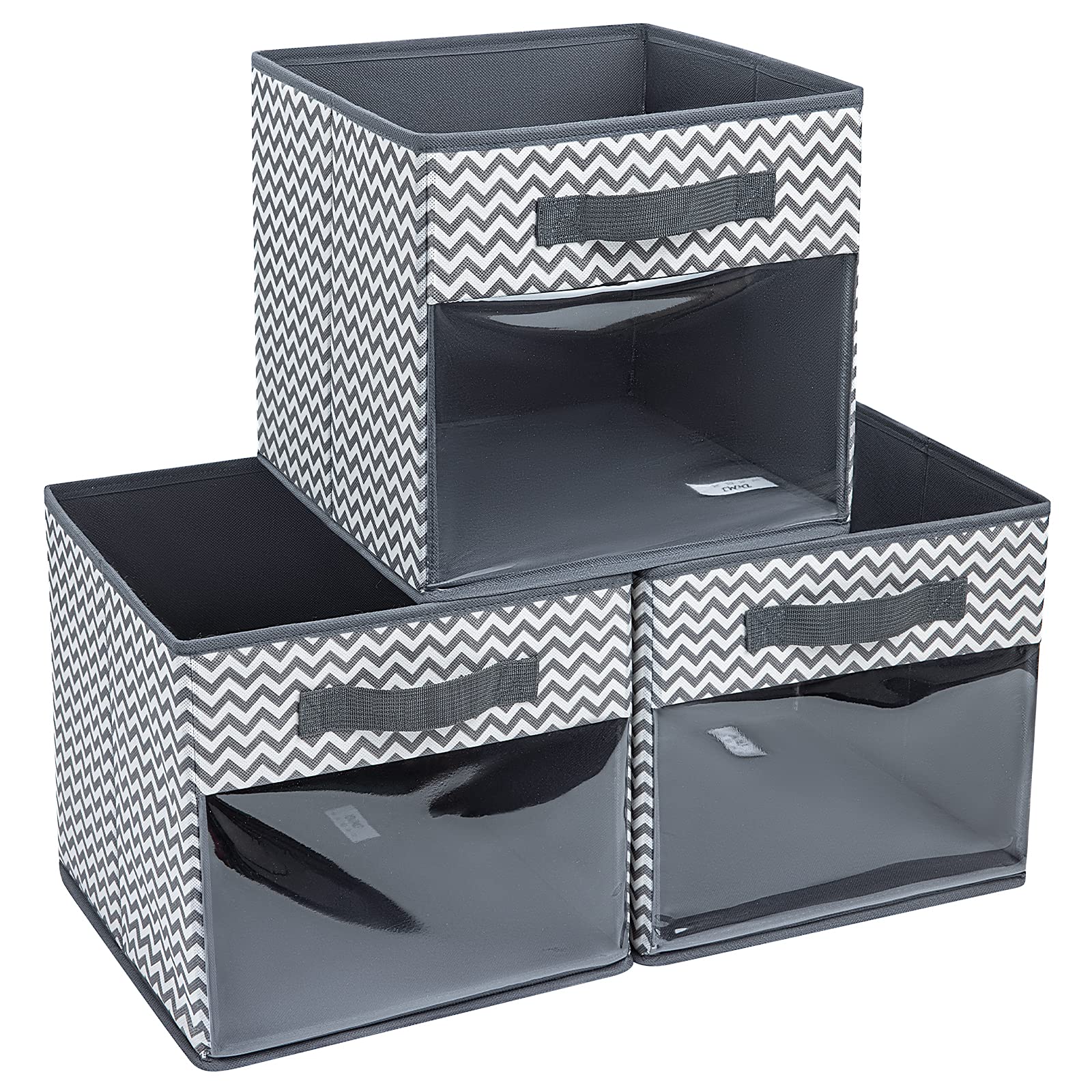 DIMJ Cube Storage Bins, 3 Packs Clear Window Fabric Storage Bin Organizer for Closet Shelves Home Storage Cubes Organizer with Handles