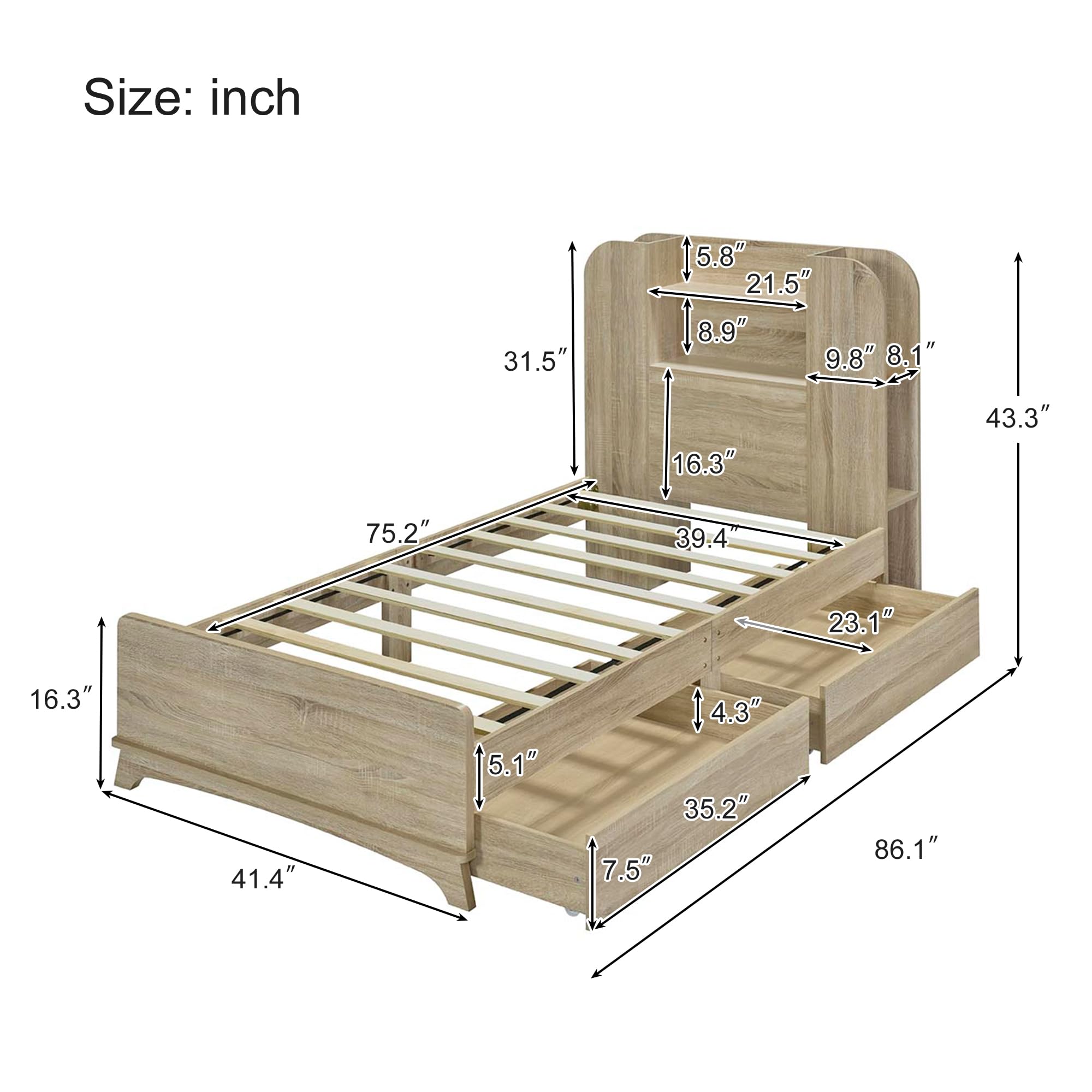 HoRunzelin Twin Size Platform Bed with Storage Bookcase Headboard,2 Drawers and LED Light,Wooden Bed Frame with Bookshelf Shelves for Kids Boys Girls, Natural