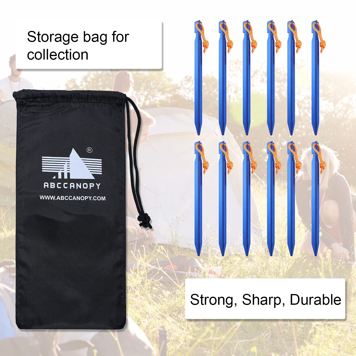 ABCCANOPY 12pcs Outdoor Tent Stakes, Aluminum Camping Tent Ground Pegs (Blue)
