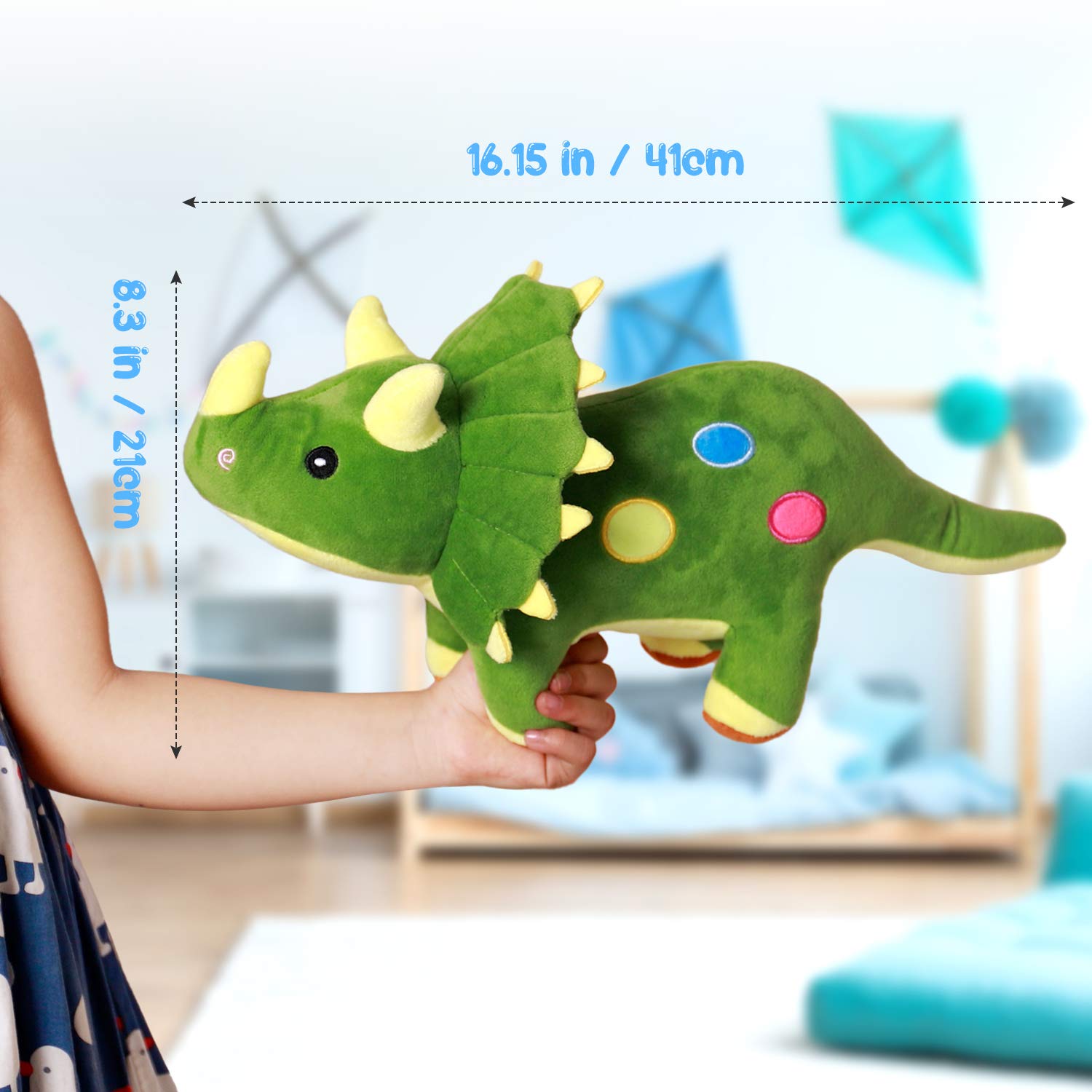 Dinosaur Plush Toy, 16" Stuffed Animal Triceratops Throw Plushie Pillow Doll, Soft Green Fluffy Friend Hugging Cushion - Present for Every Age & Occasion