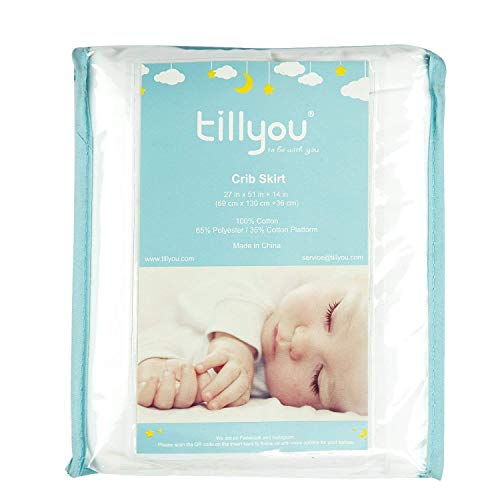 TILLYOU Crib Bed Skirt White Pleated for Baby Boys Girls, 100% Natural Soft Dust Ruffle, Standard Nursery Bedding Toddler Bedskirt Solid, 14" Drop