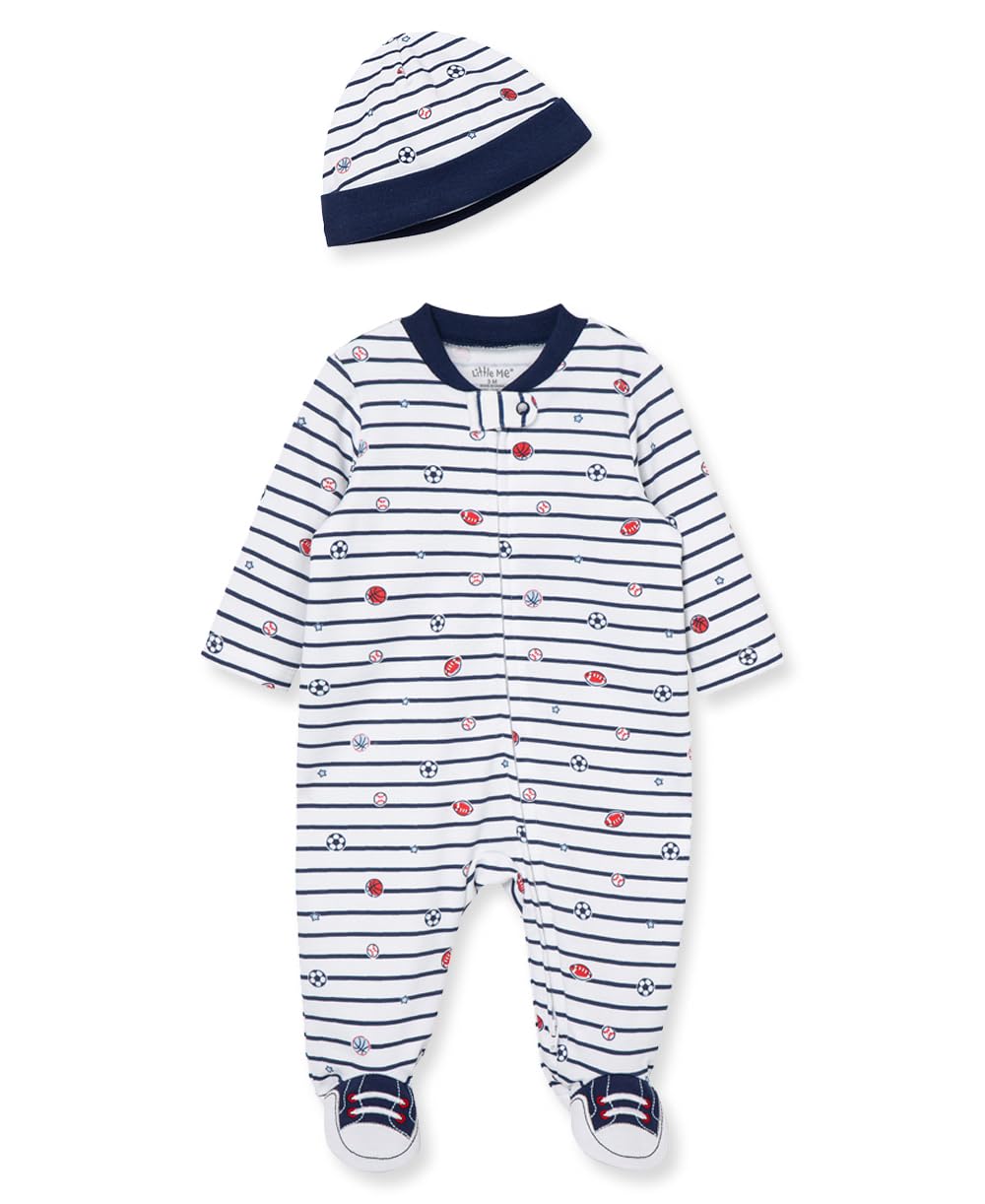 Little Me Baby Boy Clothes 2-Piece Baby Sleeper and Cap Set 100% Cotton Footies with Full 2-way Zipper and Scratch Free Tags Baby Essentials - 3 months, Sports Star