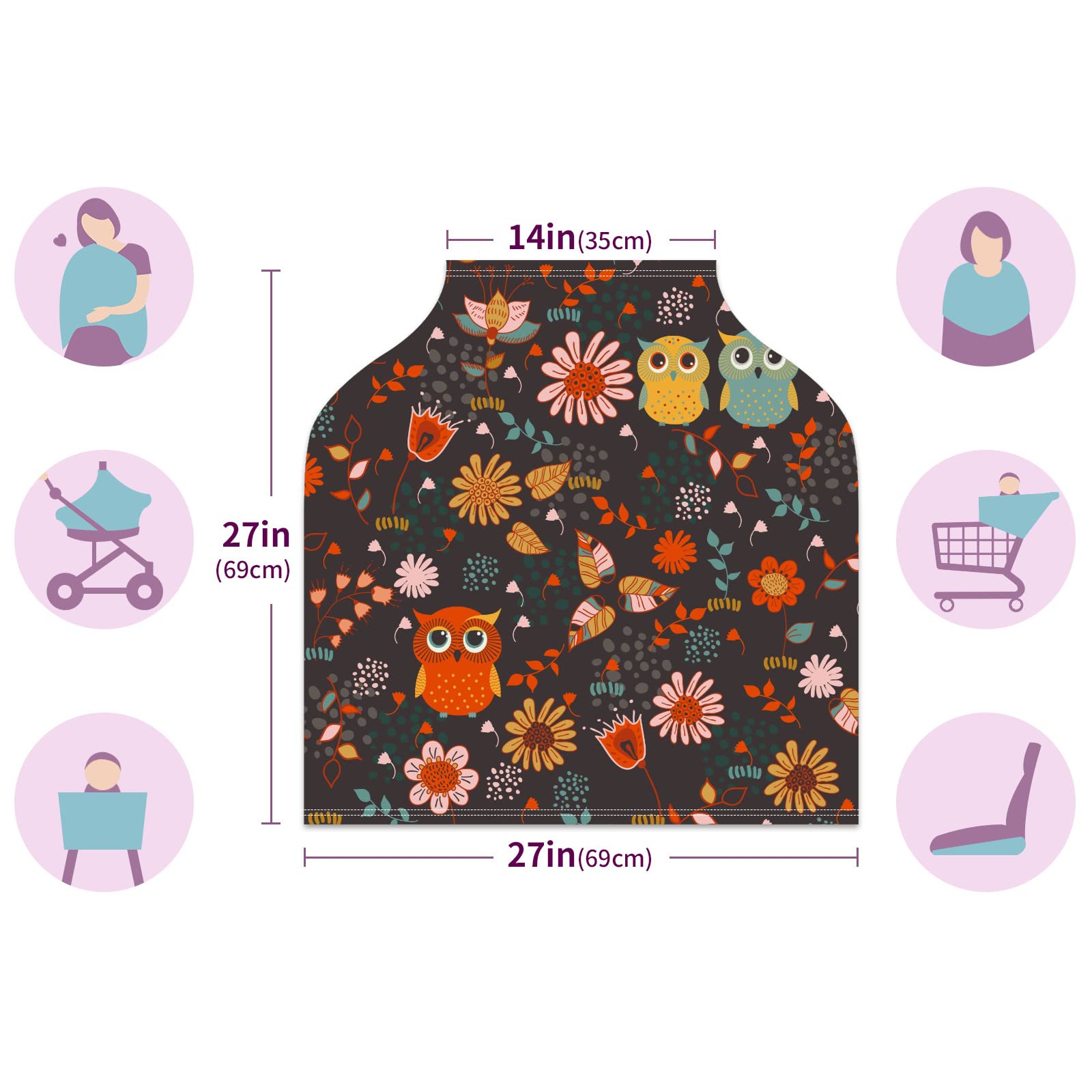 Baby Car Seat Covers Cartoon Owls Multi- use Breastfeeding Scarf, CarSeat Canopies for Newborn