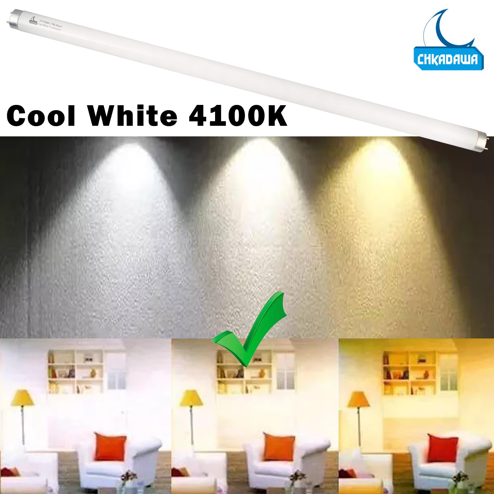 CHKADAWA 24 Inch Fluorescent Light Bulb F17T8/841 17 Watts, 2 Ft T8 17W Cool White 4100K Straight Linear Fluorescent Tube, G13 Medium Bi-Pin Base, 6 Pack