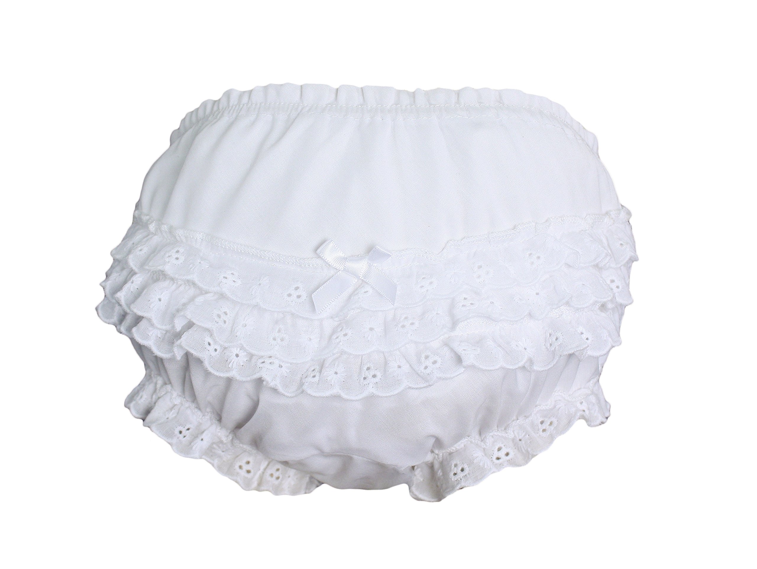 Little Things Mean A Lot Baby Girls White Elastic Bloomer Diaper Cover with Embroidered Eyelet Edging - NB