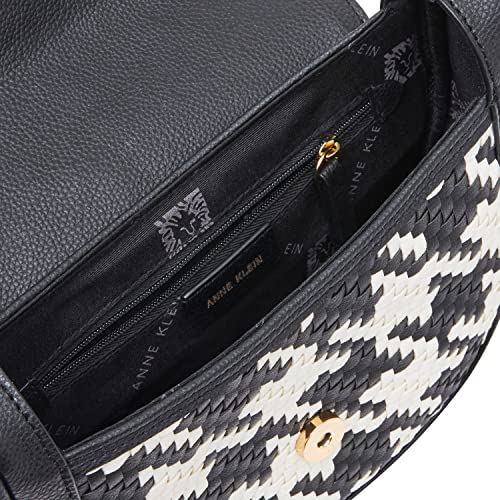 Anne Klein Woven Houndstooth Curved Flap Crossbody, Black-White Weave/Black