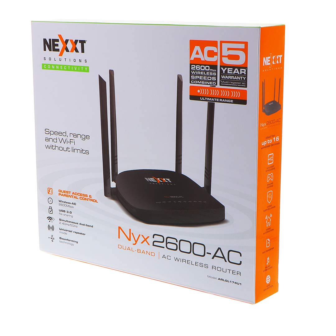 Nexxt Solutions Wireless High Speed AC2600 Router/Repeater/WISP [NyxAC2600] 2600Mbps-Gigabit LAN- Fast Ethernet with Signal Amplifying Antenna