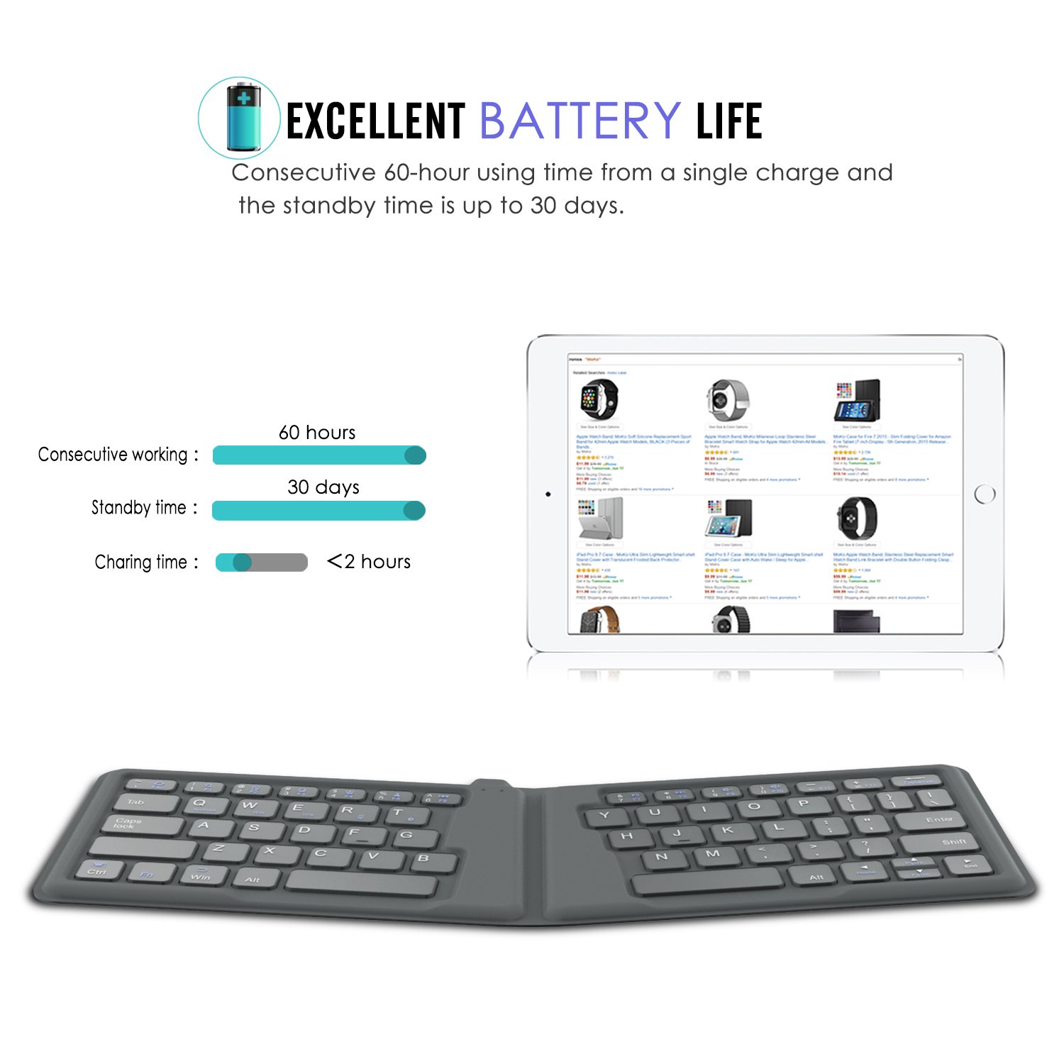MoKo Foldable Bluetooth Keyboard, Ultra-Slim Portable Wireless Keyboard Rechargable Fit iPad iPhone, Folding Bluetooth Keyboard Compatible with iOS Android Windows Tablet Smartphone Laptop, Gray