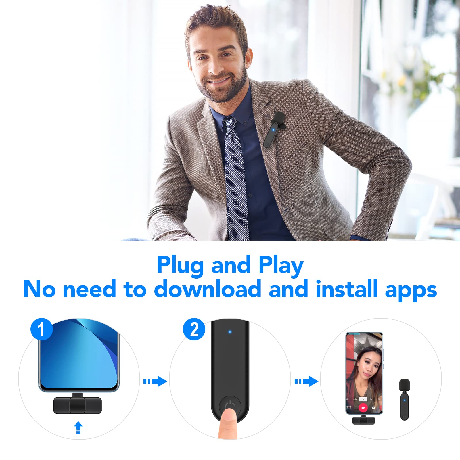 AGPTEK Wireless Lavalier Microphones, Wireless Clip Mic, Lapel Clip-on Microphone for Smartphone, Laptop, Vlog, Recording, Interview, Tiktok, Facebook, YouTube, Live Stream