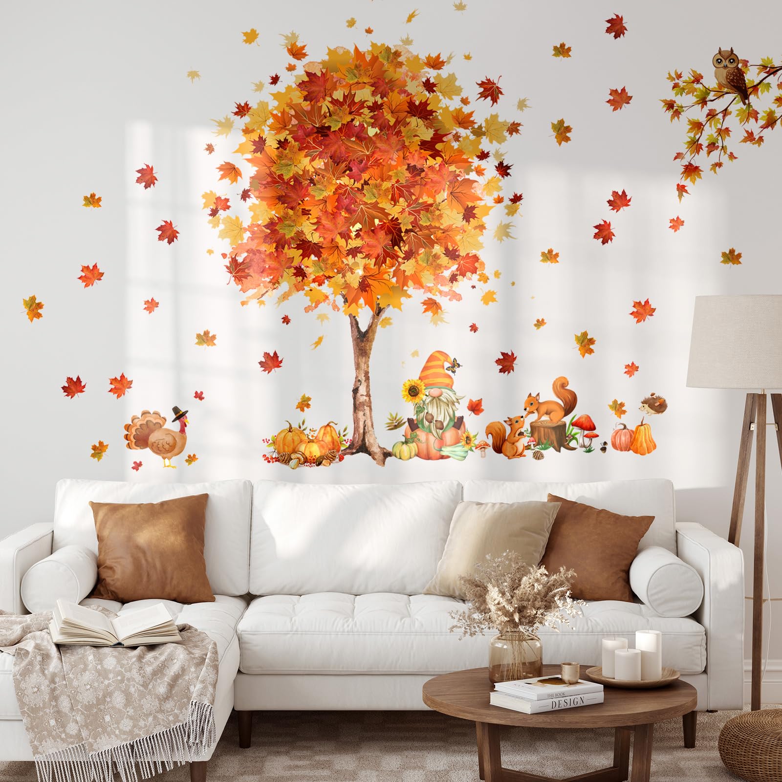 Cholemy 3 Sheets Thanksgiving Wall Stickers Thanksgiving Wall Decals Harvest Pumpkin Maple Leaf Tree Wall Decoration Fall Window Sticker Removable Farmhouse Wallpaper for Living Room Bedroom