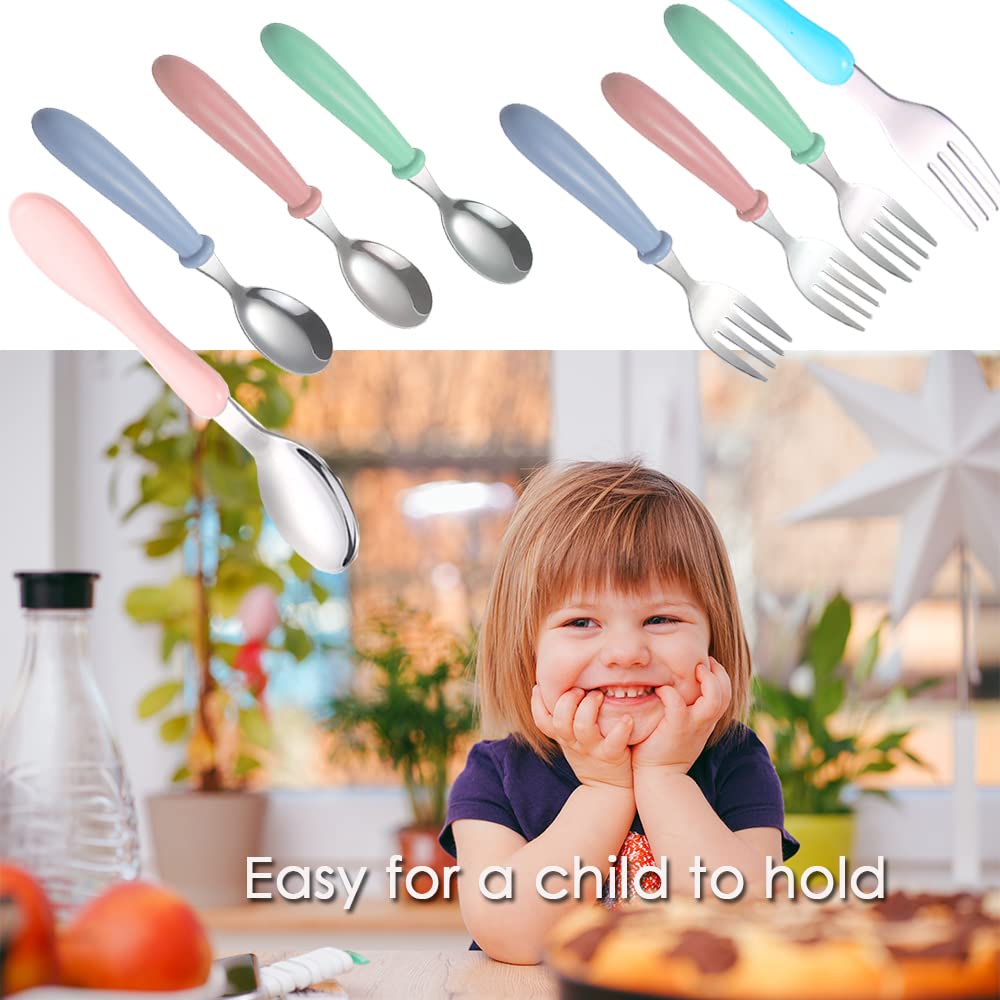 AWEELON 8PCS Kids Utensils,Toddler Utensils Stainless Steel Baby Forks and Spoons Silverware Set with Round Handle for Lunch Box