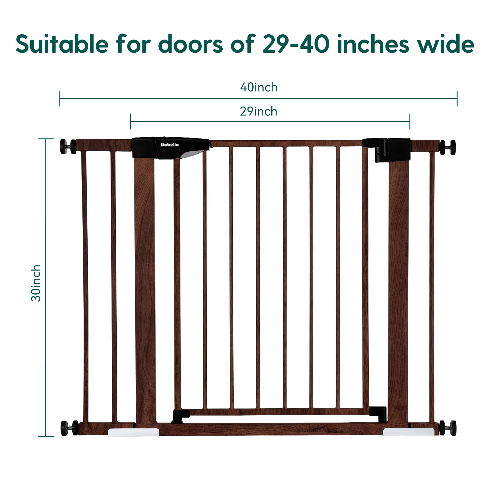 BABELIO 29-46 Inch Pressure Mounted Metal Baby Gate with Vintage Dark Brown Wood Pattern, Easy Install, No Drilling, No Tools Required, with Wall Protectors and Extenders