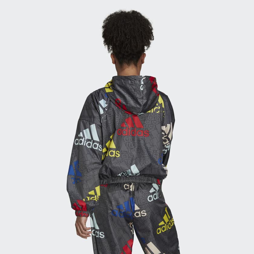 adidas Women's Essentials Multi-Colored Logo Windbreaker, Carbon/Multicolor/White, Small
