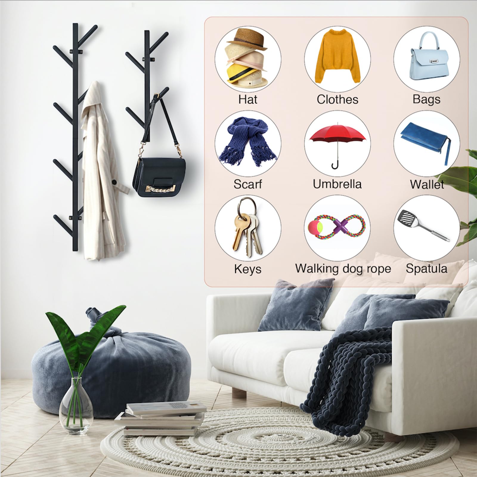 FANTAKI Coat Rack Wall Mount Set of 2, Black Metal Vertical Hat Rack for Wall, Floating Coat Racks for Jackets/Bags/Scarves, Coat Hanger Wall Mount for Entryway/Office/Hallway/Bathroom