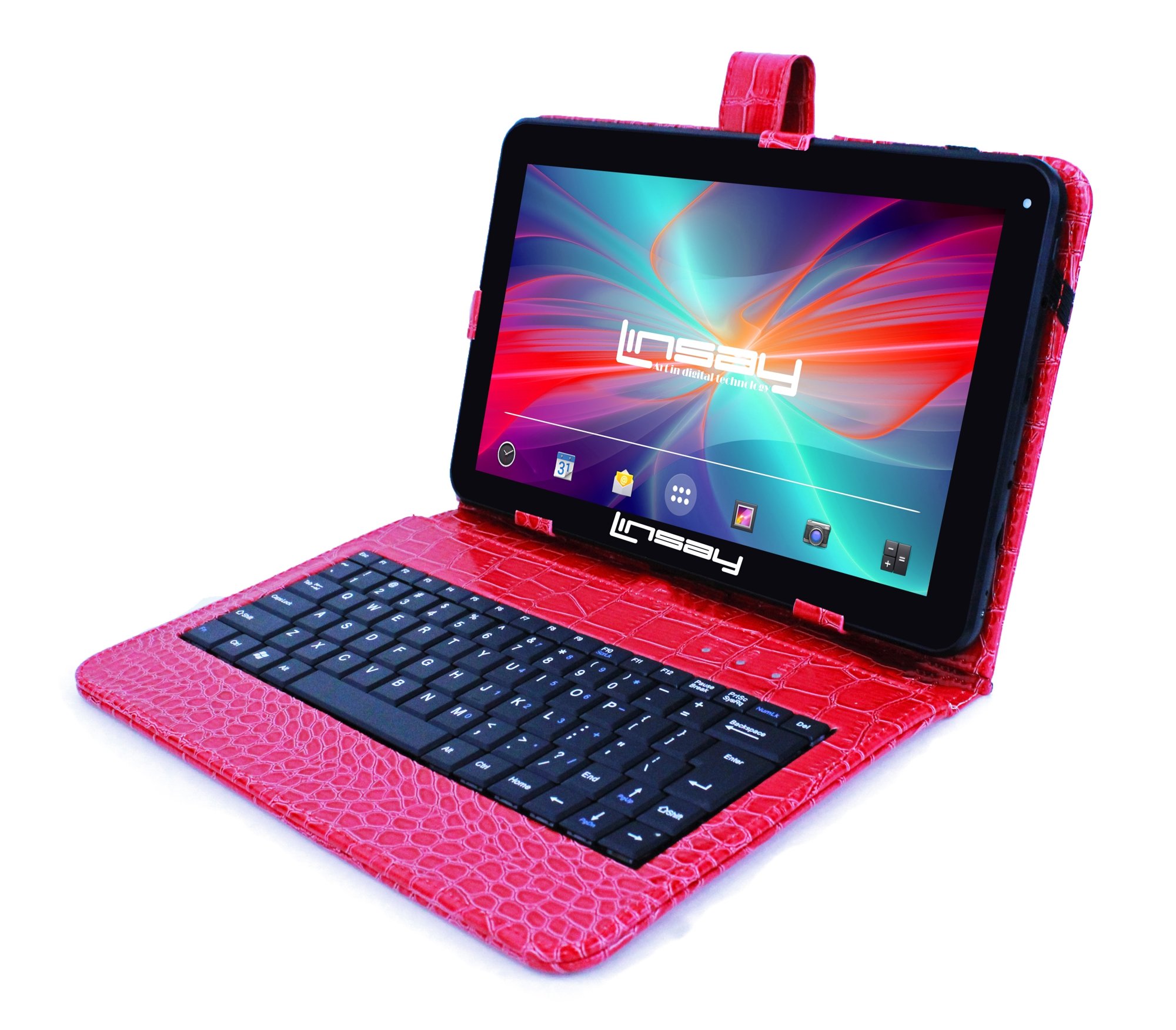 LINSAY 10.1" High End Octa Core 4GB RAM 128GB Storage Android 13 Google Certified Tablet with Red Crocodile Style Keyboard