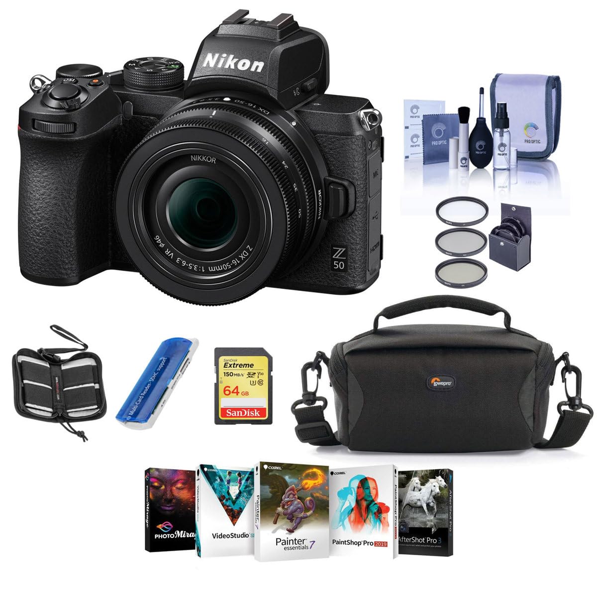 Nikon Z50 Mirrorless Camera with NIKKOR Z DX 16-50mm f/3.5-6.3 VR Lens - Bundle with Camera Case, 64GB SDXC Memory Card, 46mm Filter Kit, Cleaning Kit, Memory Wallet, Card Reader, PC Software Package